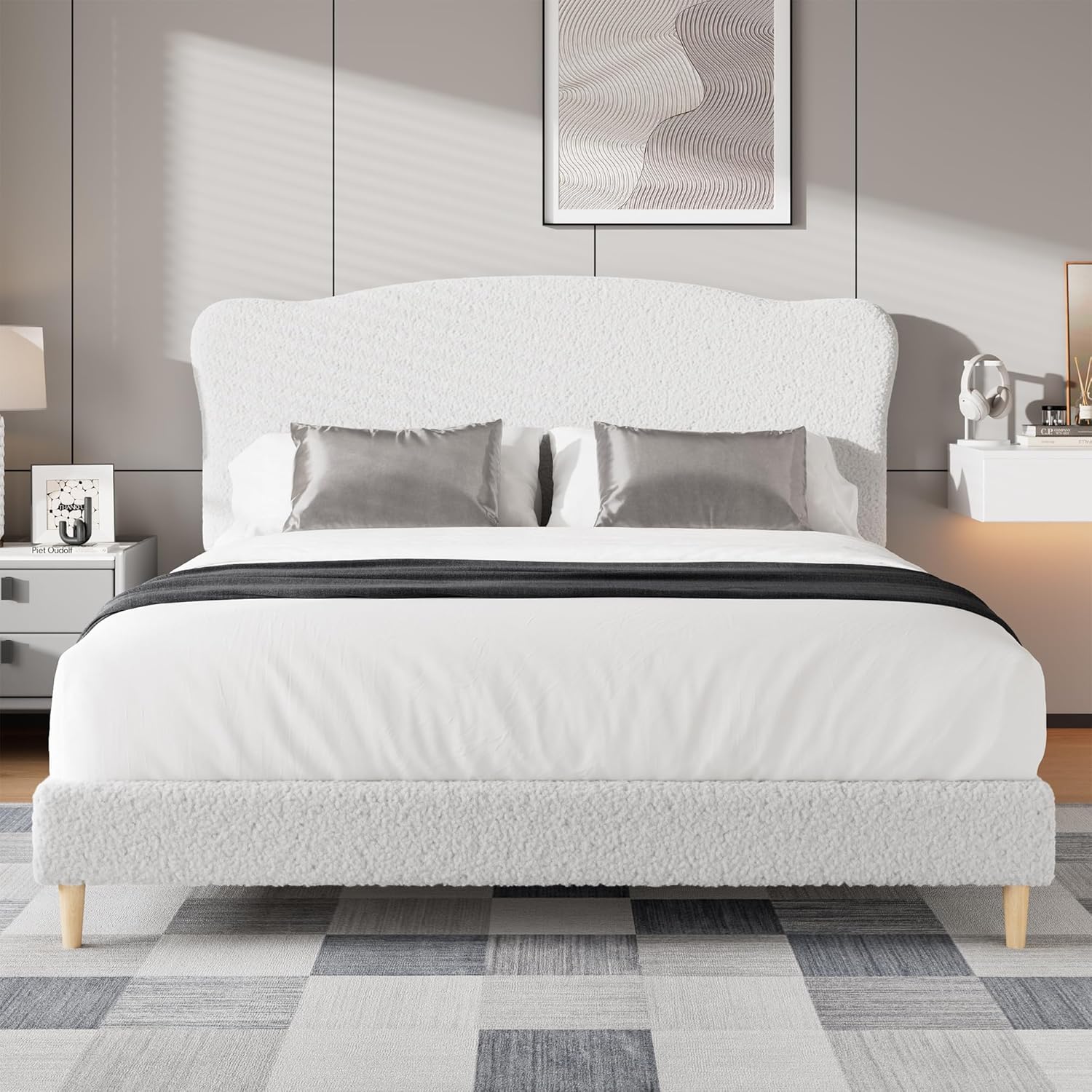 GAOMON Queen Size Bed Frame with Upholstered Headboard Soft Low Profile ...