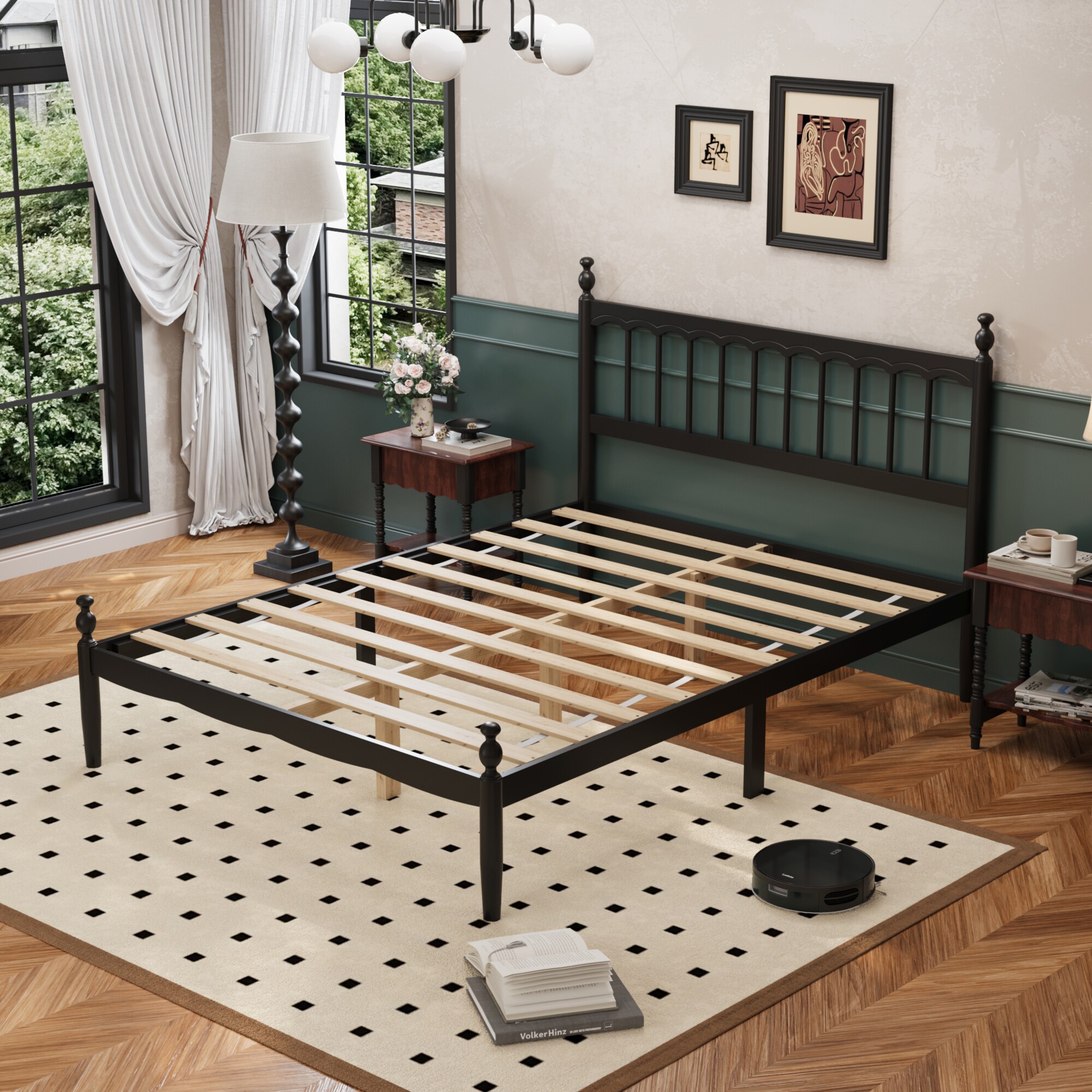 FUFU&GAGA Queen Black Wood Bed Frame with Headboard in the Beds ...