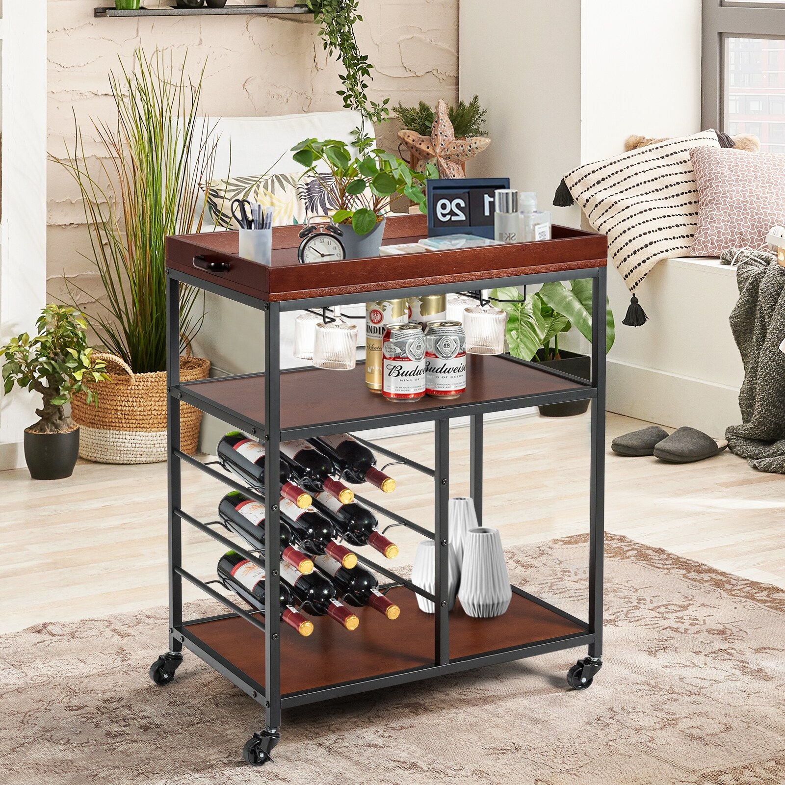 Slickblue Multi-Tier Rustic Rolling Bar Cart - 28x36.5 Particleboard ...