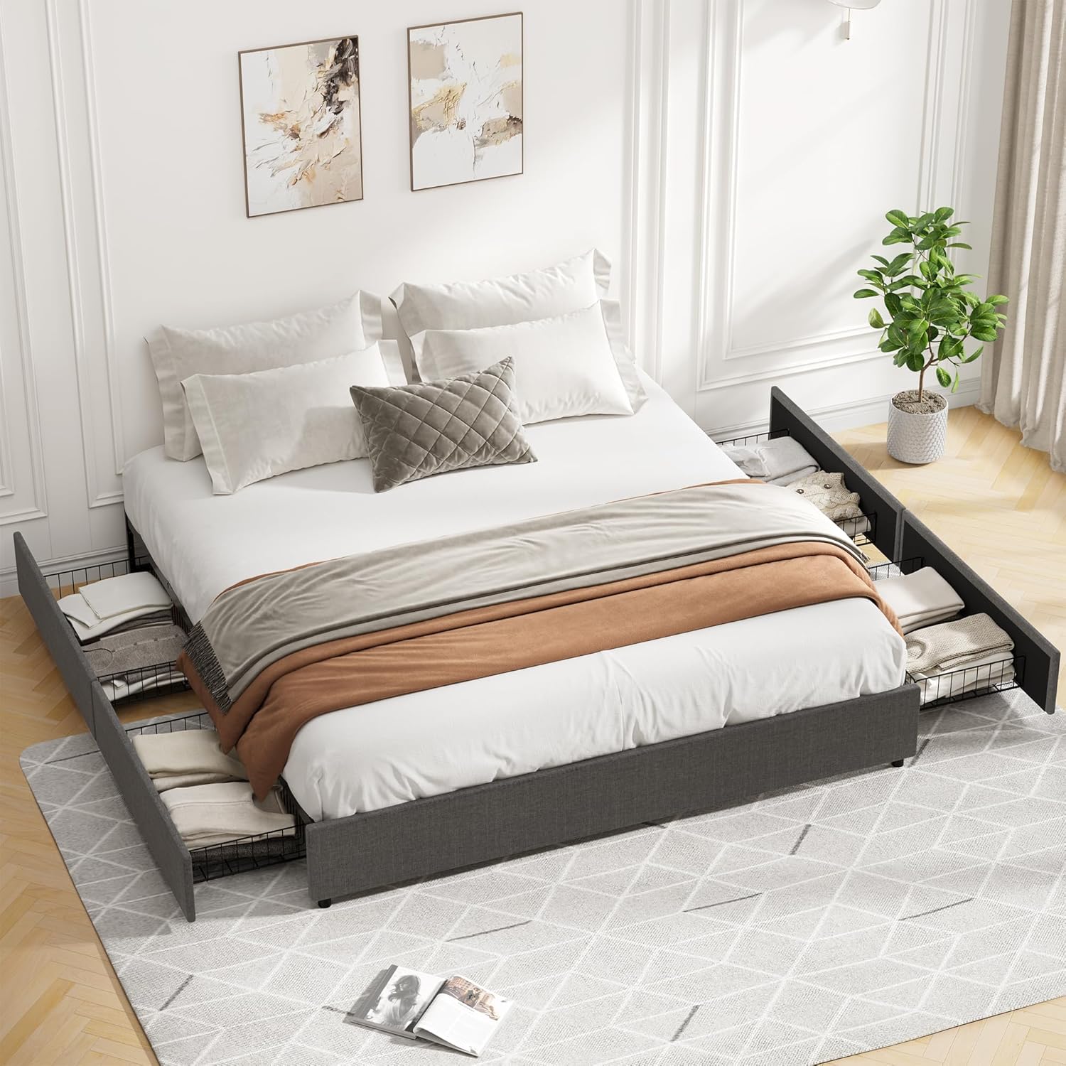 Garvee Full Size Platform Bed Frame with Four Storage Drawers Wooden ...