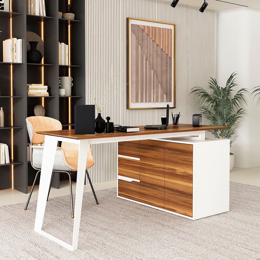 L Shaped Computer Study Desk with Cabinets and 3 Drawers Corner Writing ...