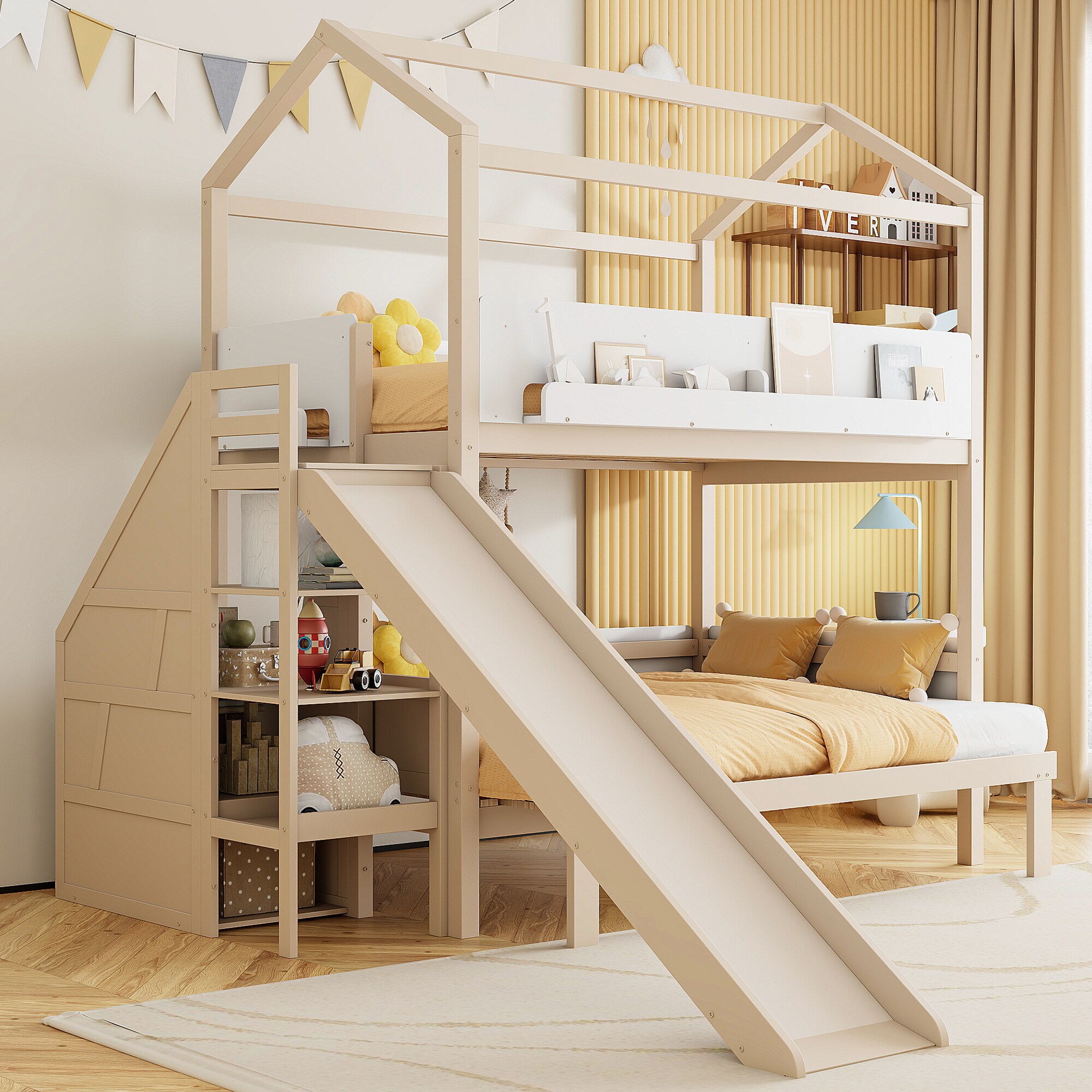 GDFStudio House Shaped Wooden Bunk Bed with Slide and Storage Staircase ...