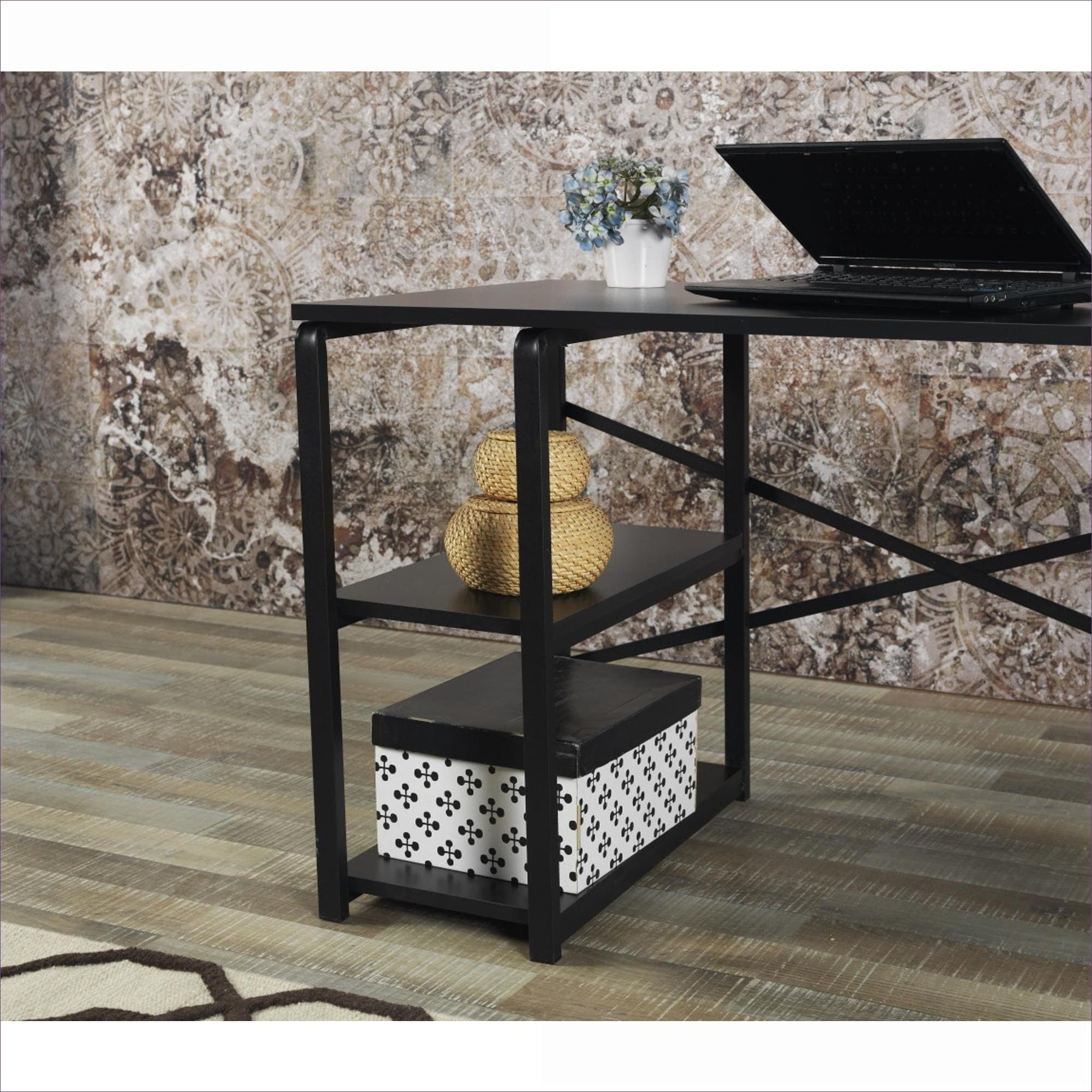 Watnature Classic black metal frame 2-shelf solid wood top writing ...