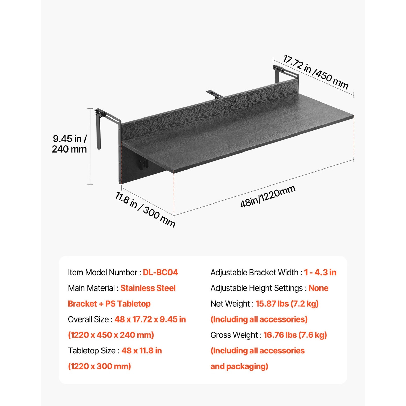 GIVIMO 12 x 48-in Folding Balcony Railing Table in the Folding ...