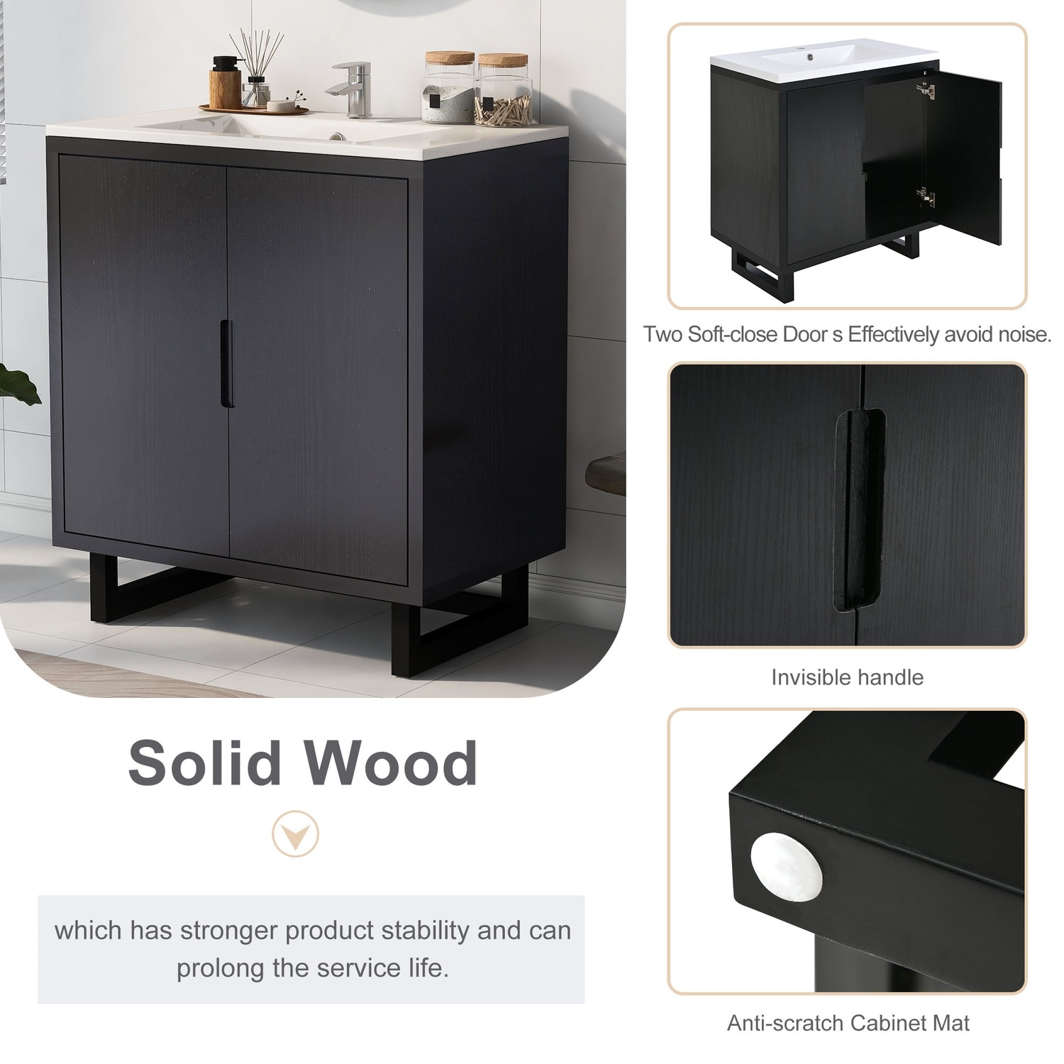 Watnature Jet Black Bathroom Vanity Set with Sink 30 Inch Combination ...