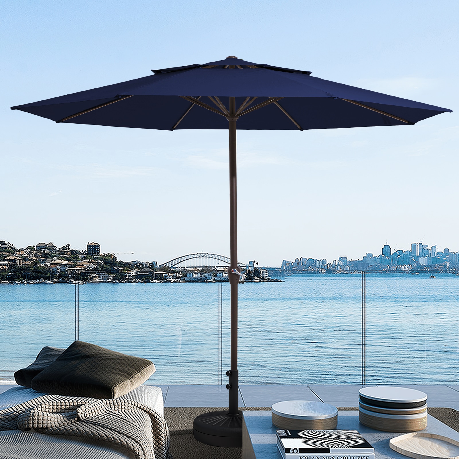 Serwall 9ft Navy Patio Round Market Umbrella with Push Button Tilt in ...