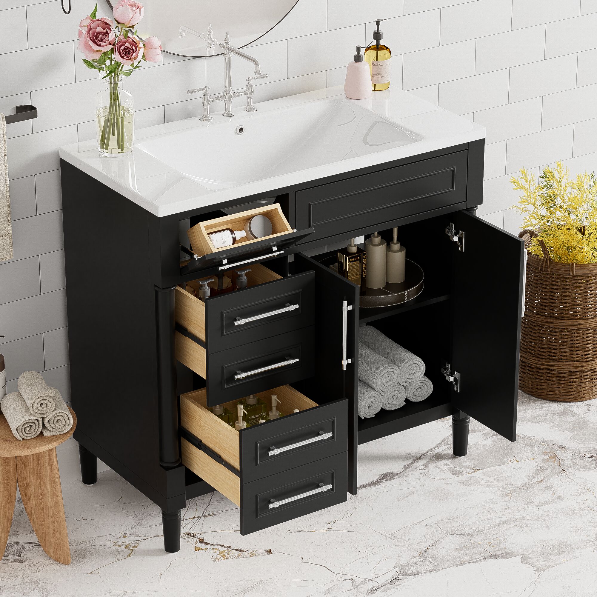 Boyel Living 36 Inch Modern Bathroom Vanity with Resin Sink Solid Wood ...
