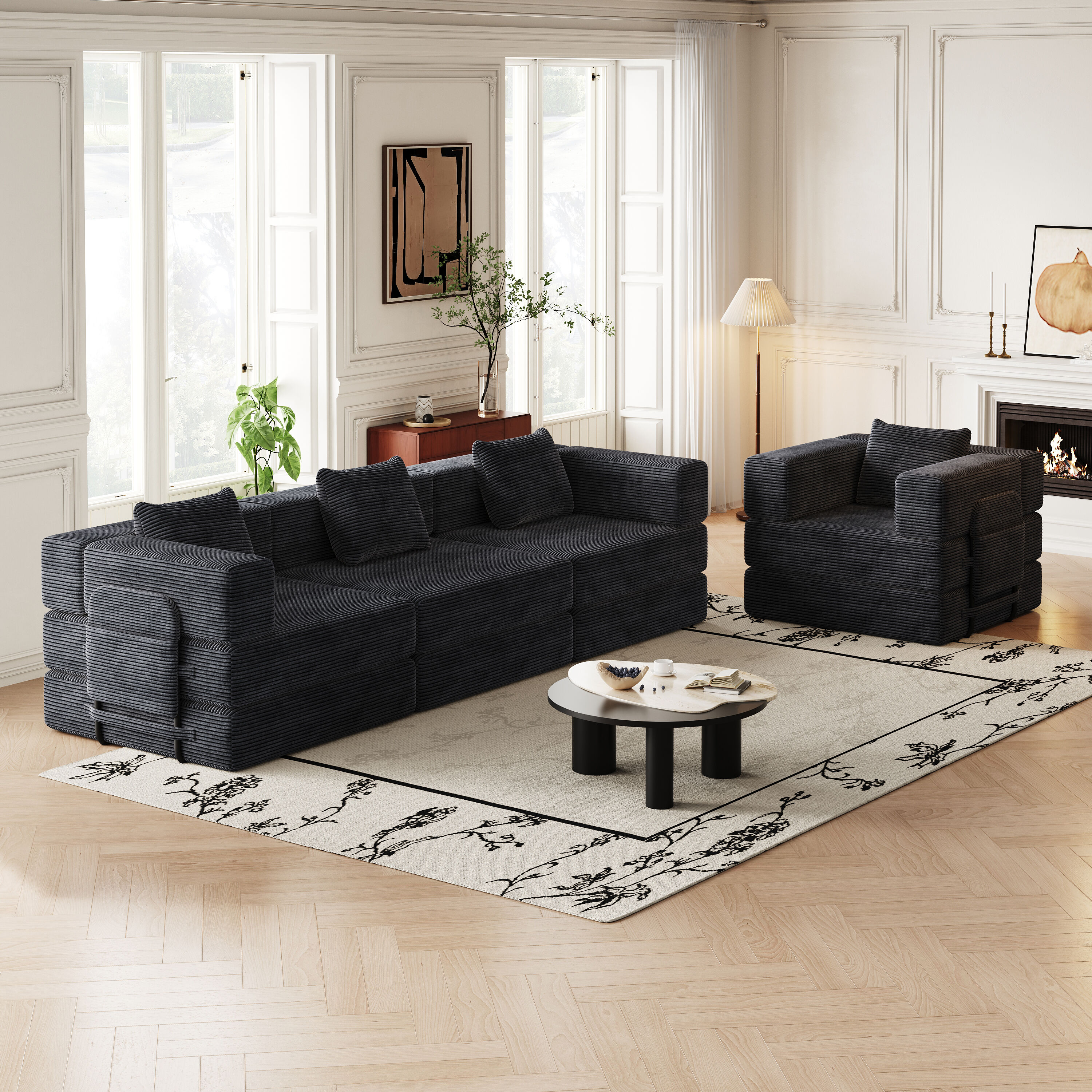 LOVMOR 4 Seat Convertible Compressed Sleeper Sofa Corduroy Black Couch ...