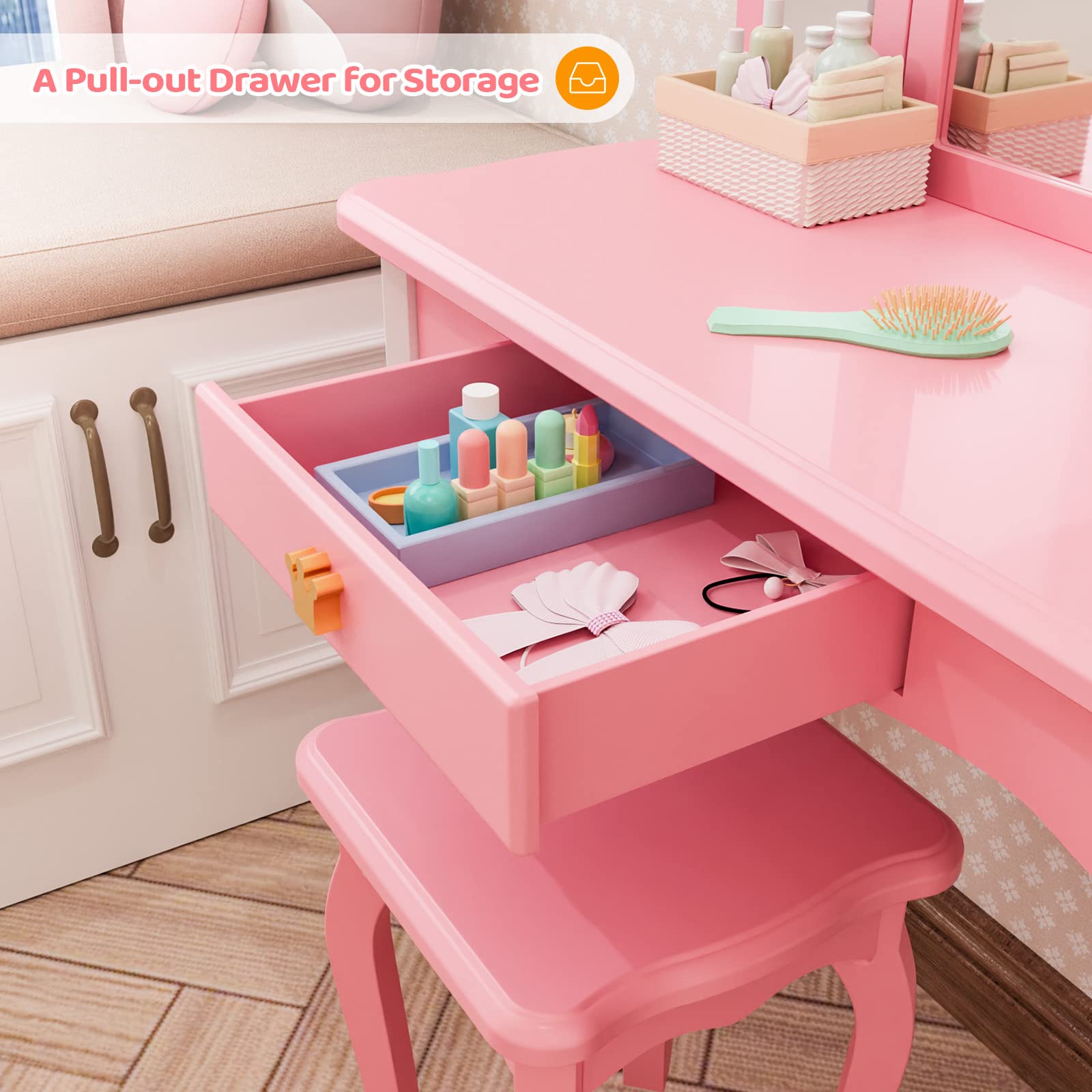 JOYMOR Pink Kids Princess Vanity Table and Chair Set with Tri Folding ...