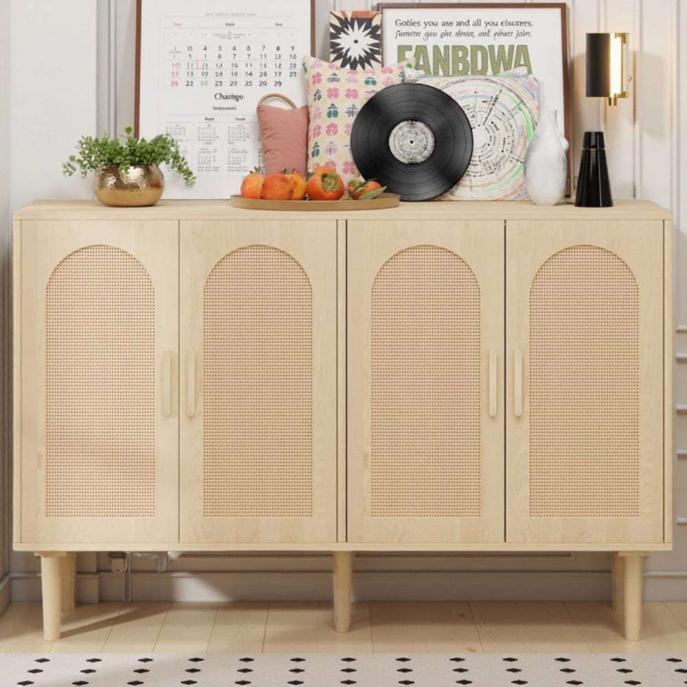 GlasFlength Sideboard Cabinet with Rattan Doors 4 Door Credenza Buffet ...