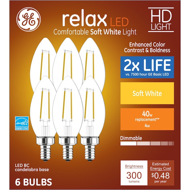 GE Relax 40-Watt EQ B11 Soft White Candelabra Base (E-12) Dimmable LED ... GE Relax 40-Watt EQ B11 Soft White Candelabra Base (E-12) Dimmable LED ...