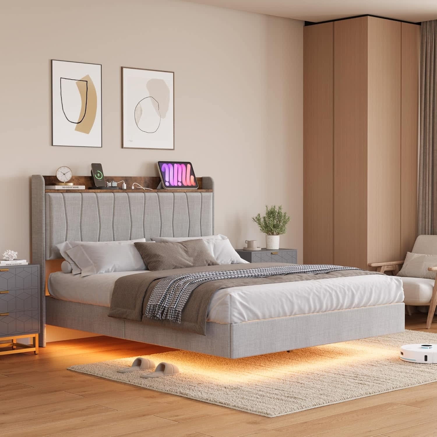 Garvee Queen Floating Bed Frame with LED Lights and USB Charging ...