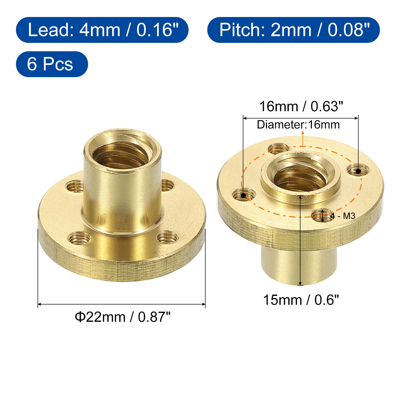 Unique Bargains 6pcs Tr8x4 Lead Screw Brass Nut Trapezoidal Nut Linear ...