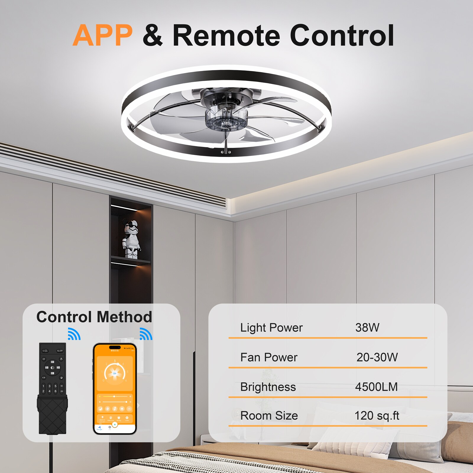 JUSHUA Smart Ceiling Fan with LED Light 7 Blades Modern Metal Design 6 ...