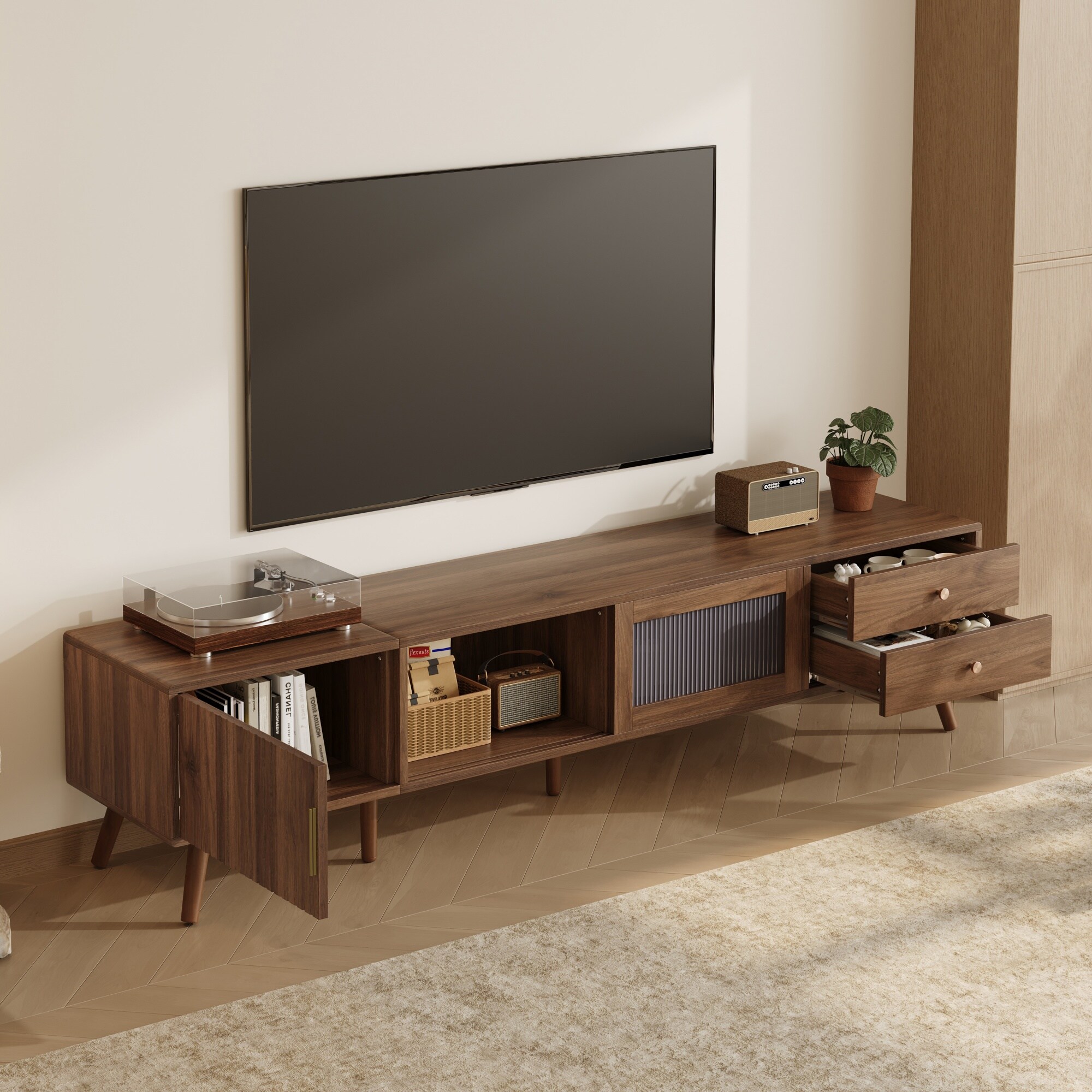 GDFStudio 76 Inch Modern Minimal Glass-Doors TV Stand for TVs up to 85 ...