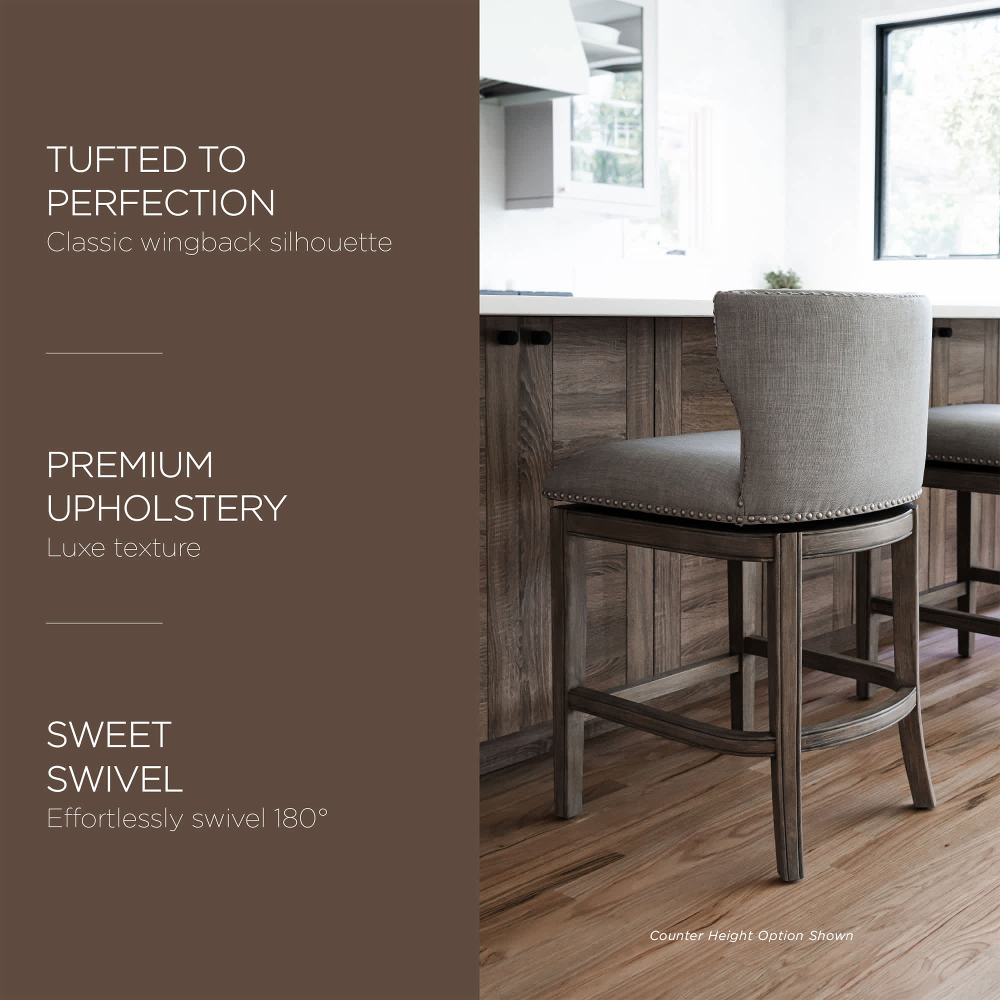 Maven Lane Hugo Bar Stool in Reclaimed Oak Finish w/ Ash Grey Fabric ...