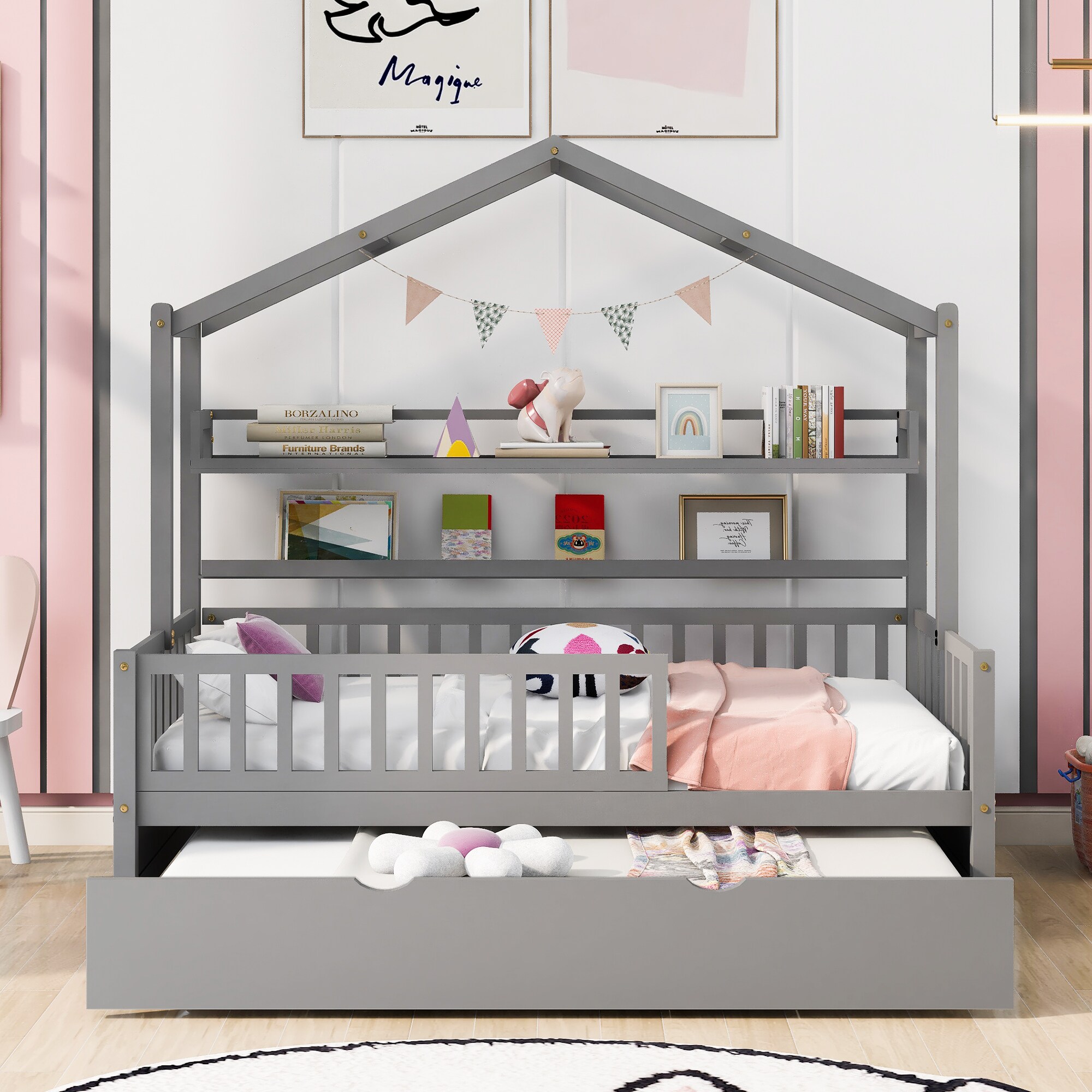 Qeetex Twin Size House Bed with 2 Drawers and Storage Shelves Wood ...