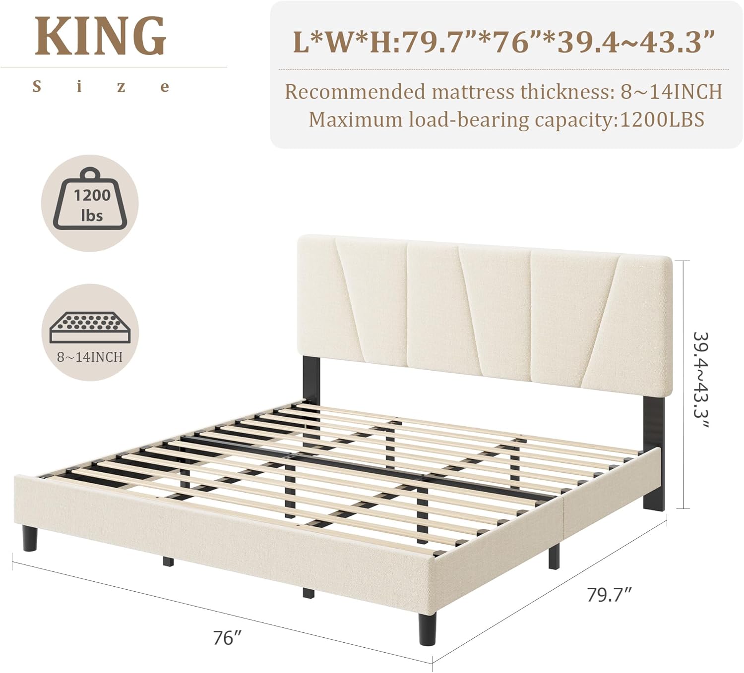 IdealHouse King Size Adjustable Linen Upholstered Platform Bed Frame ...