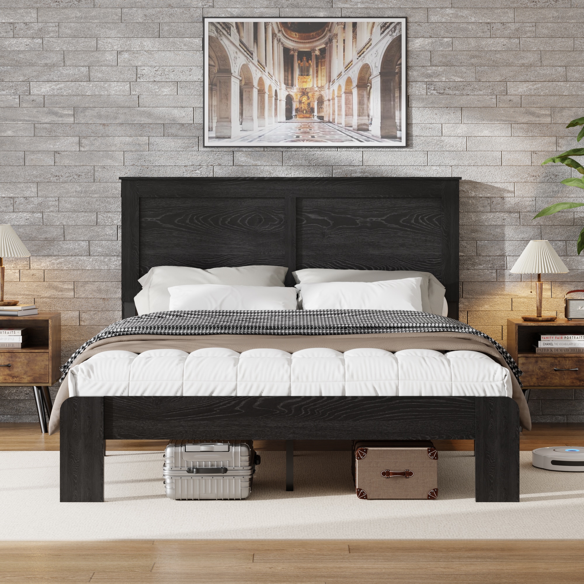 Dimakai Full Size Industrial Wood Platform Bed Frame Metal Slats Dark ...