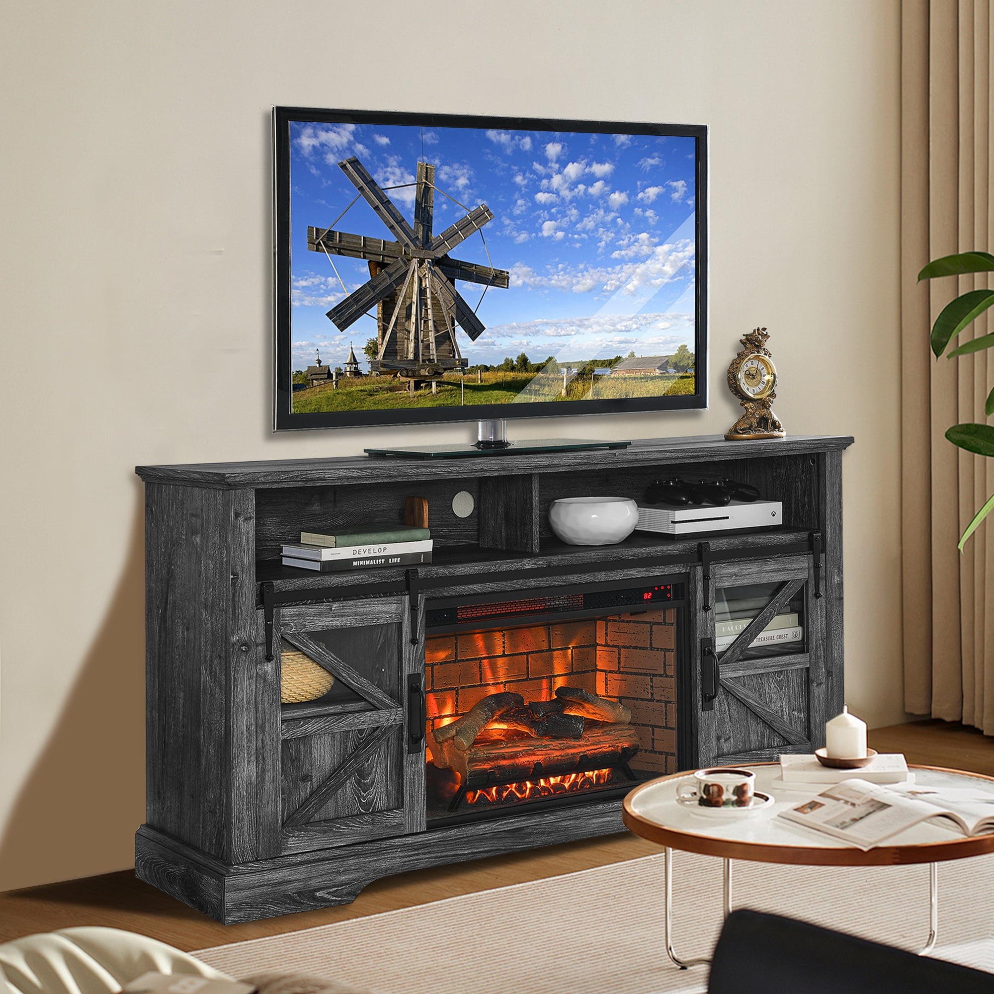 Sunrinx 60 in W Black TV Stand with Infrared Quartz Flat Wall Electric Fireplace with Remote Control Included MG63 4 GSD at Lowes