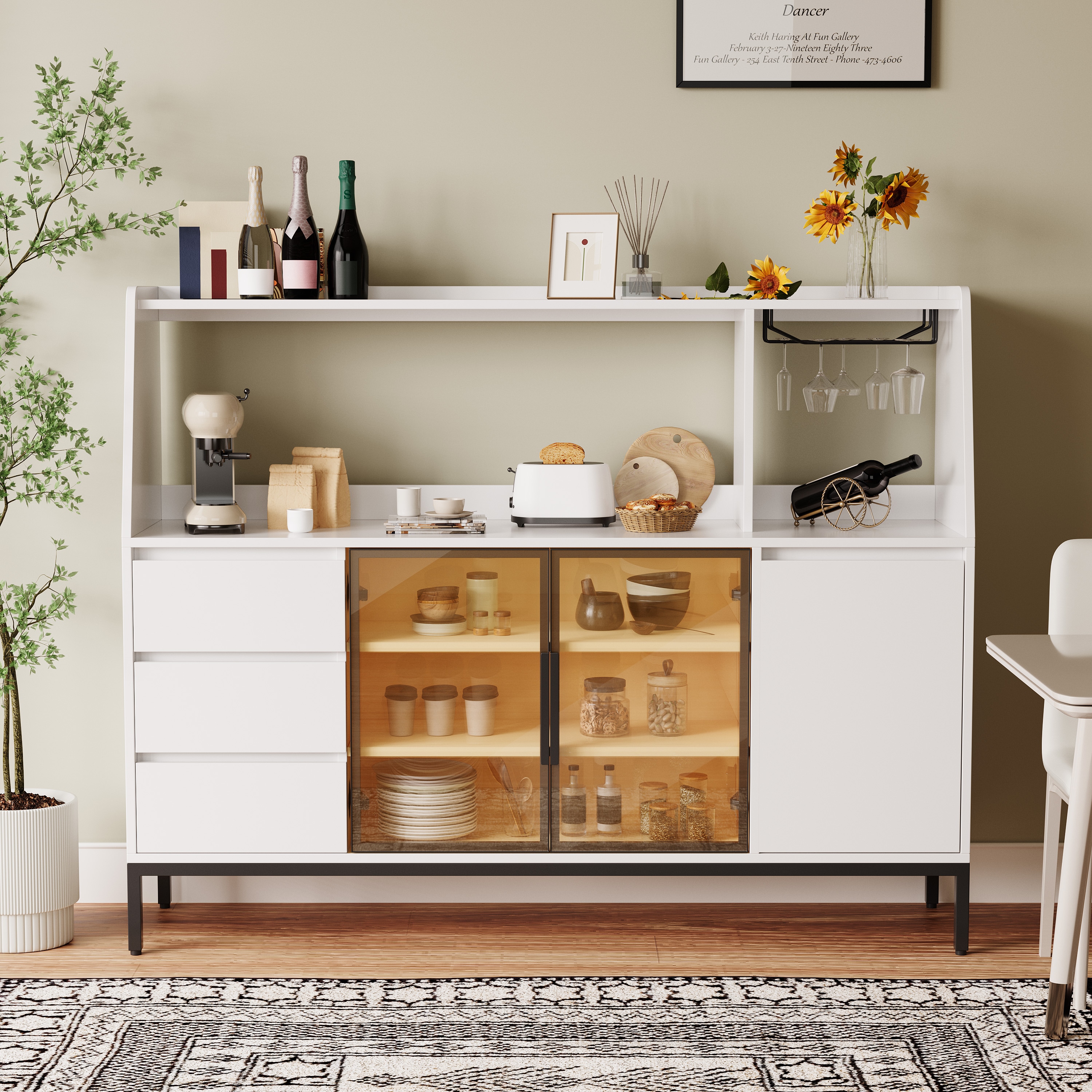 GDFStudio Modern sideboard with 3 drawers and glass door locker side ...