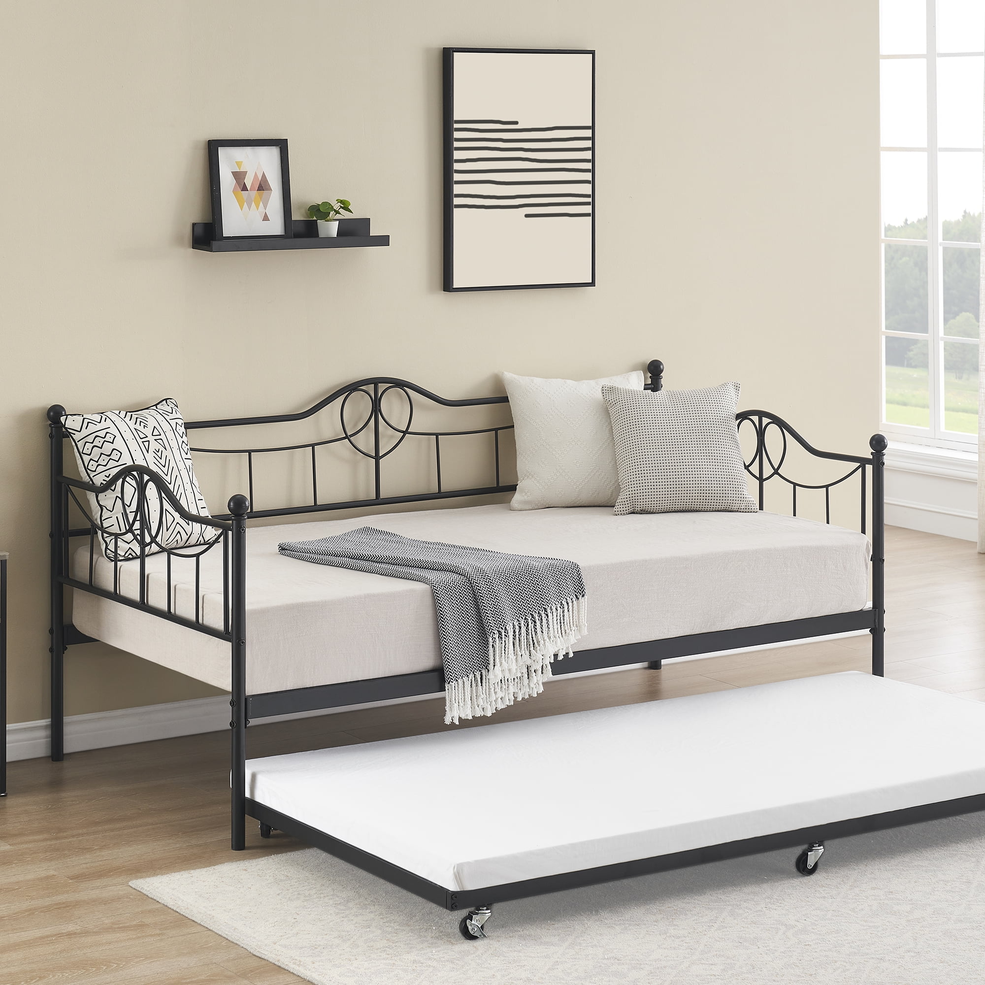 Qeetex Daybed with Trundle Twin Size Day Bed with 6 Wheels Art Sweet ...