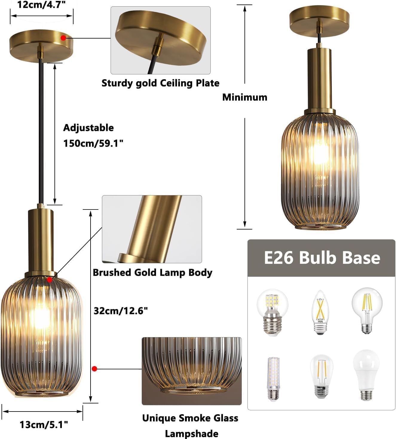 KCO Lighting Mini Smoke Glass Pendant Light Fixture 1-Light Brushed ...