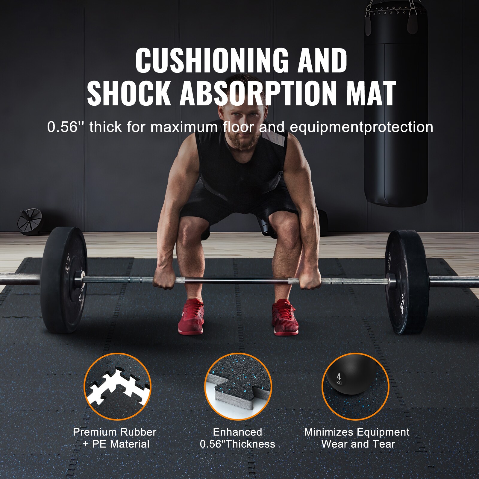 VEVOR 0.56 Inch Thick Gym Floor Mats 6 Tiles Rubber Top with EVA Foam ...