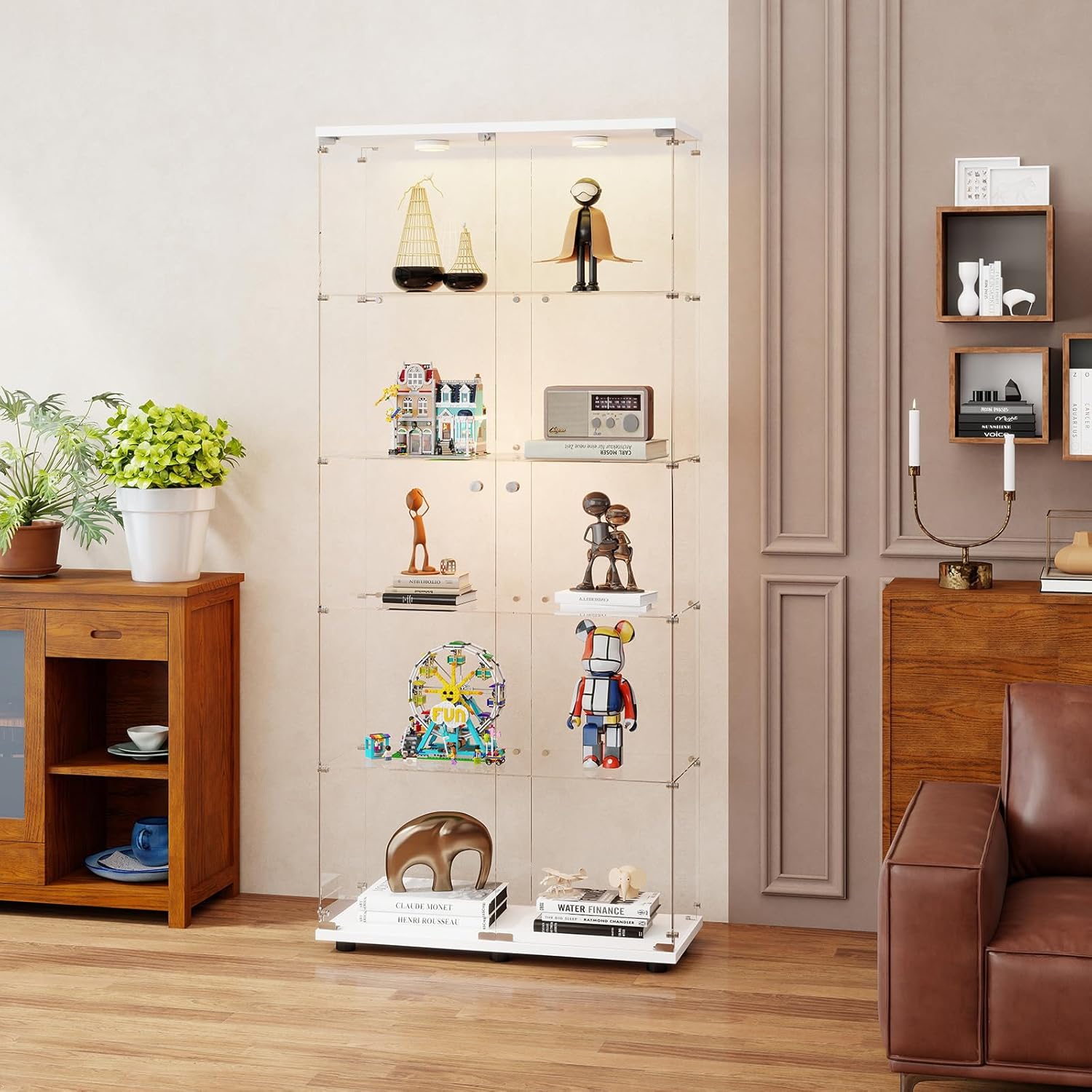 Zevemomo 5 Tier Tempered Glass Display Cabinet with Lights Curio ...