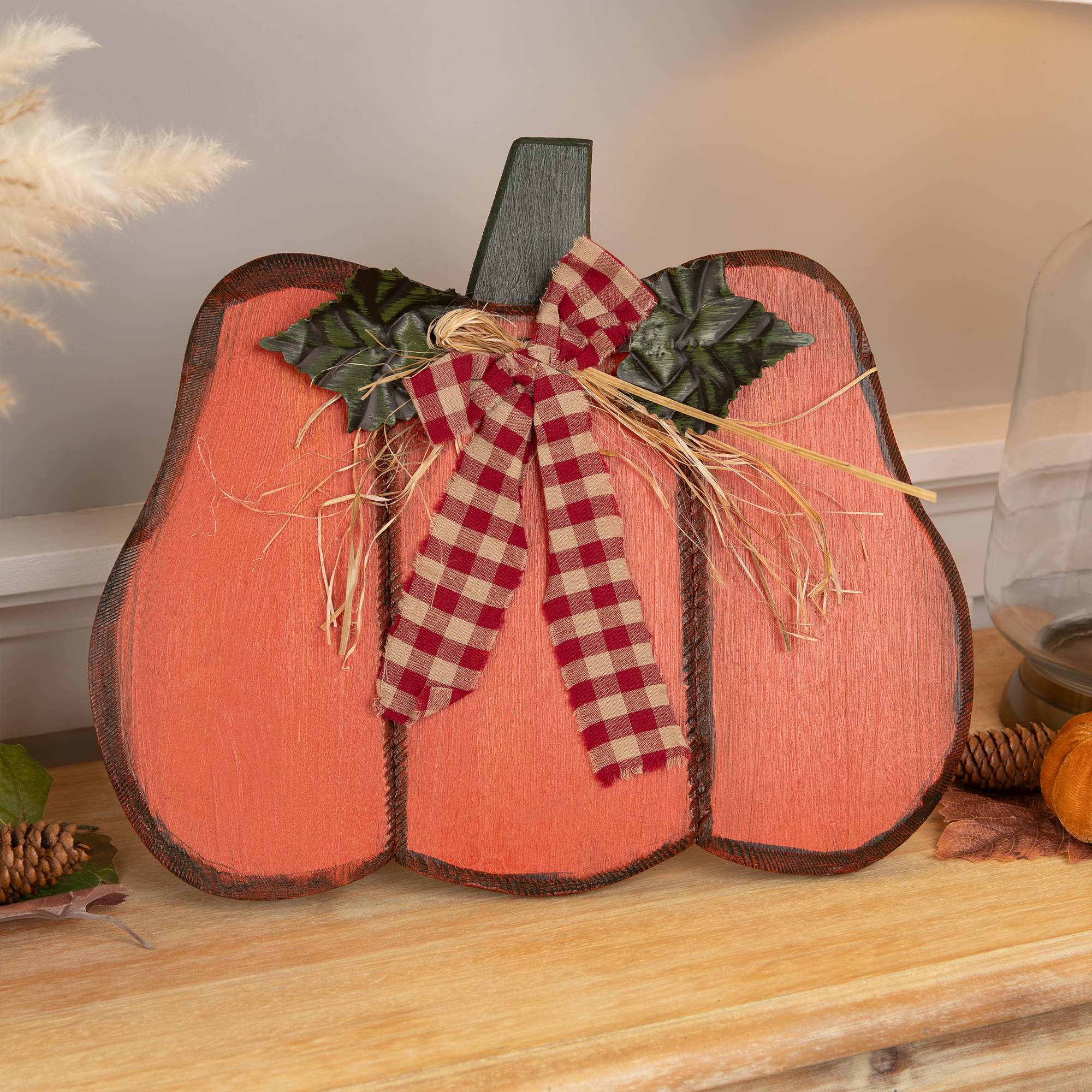 Northlight Wooden Pumpkin with Gingham Bow Fall Harvest Decoration - 15 ...