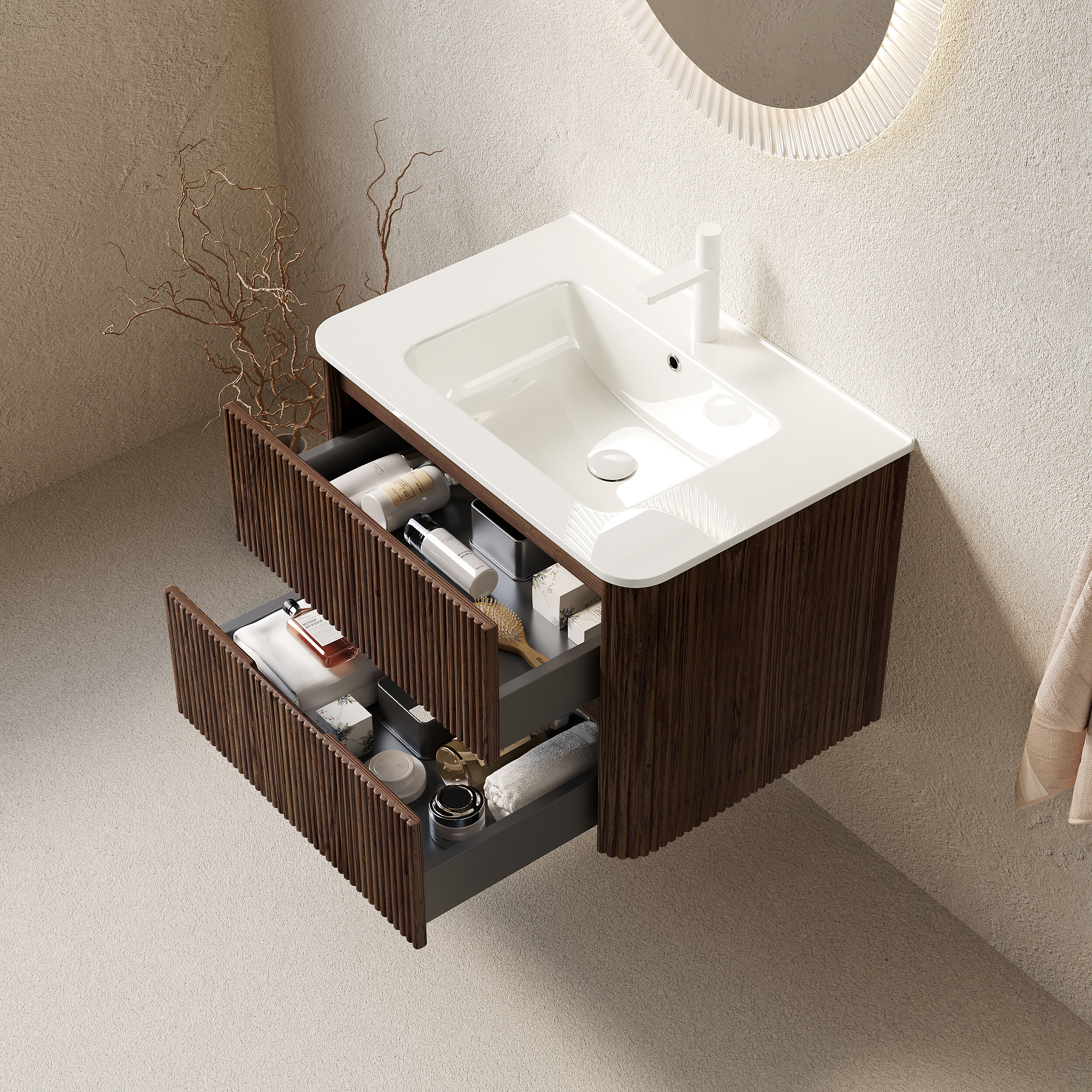 Wooakway 30 In Retro Walnut Wall Mounted Floating Bathroom Vanity with ...