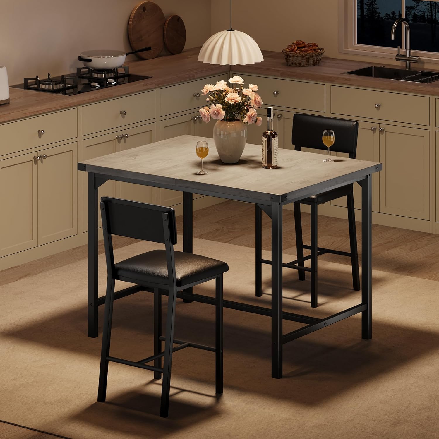 Qeetex Dining Table Set for 2 w/Counter Height Table and 2 Upholstered ...