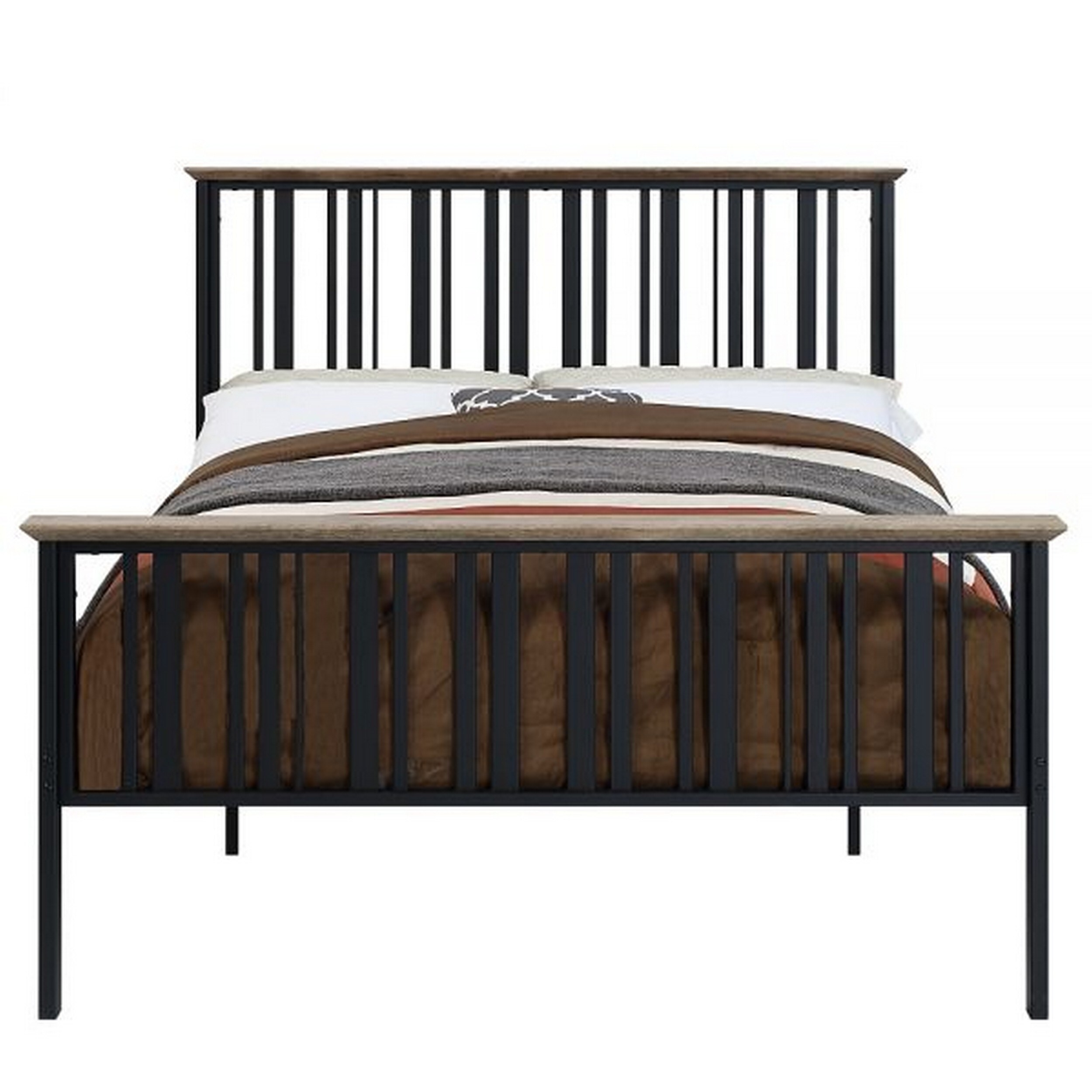 Benzara Nori Full Bed with Slatted Metal Frame-MDF Wood-Oak Brown and ...