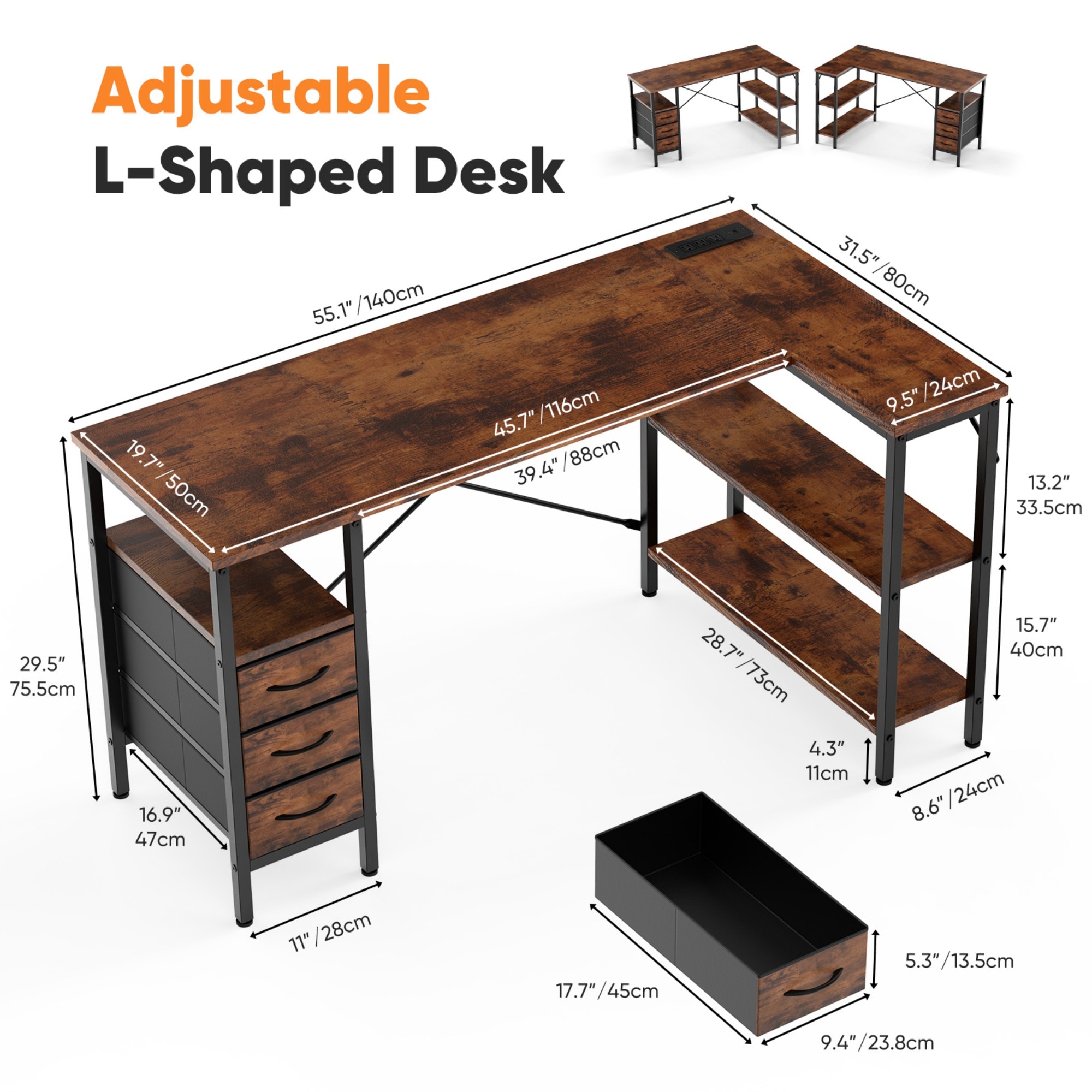GlasFlength 55 Inch L-Shape Computer Desk Game Desk with 3 Drawers USB ...