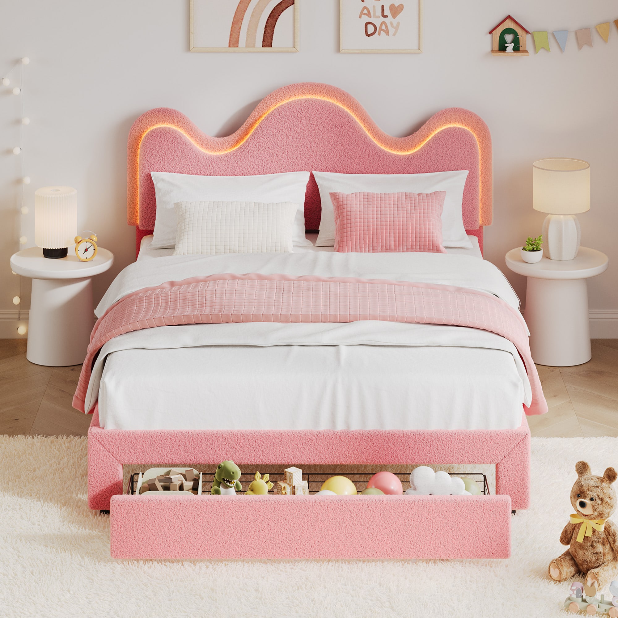 Aoile Queen Pink Upholstered LED Bed Frame with Flower Headboard and ...
