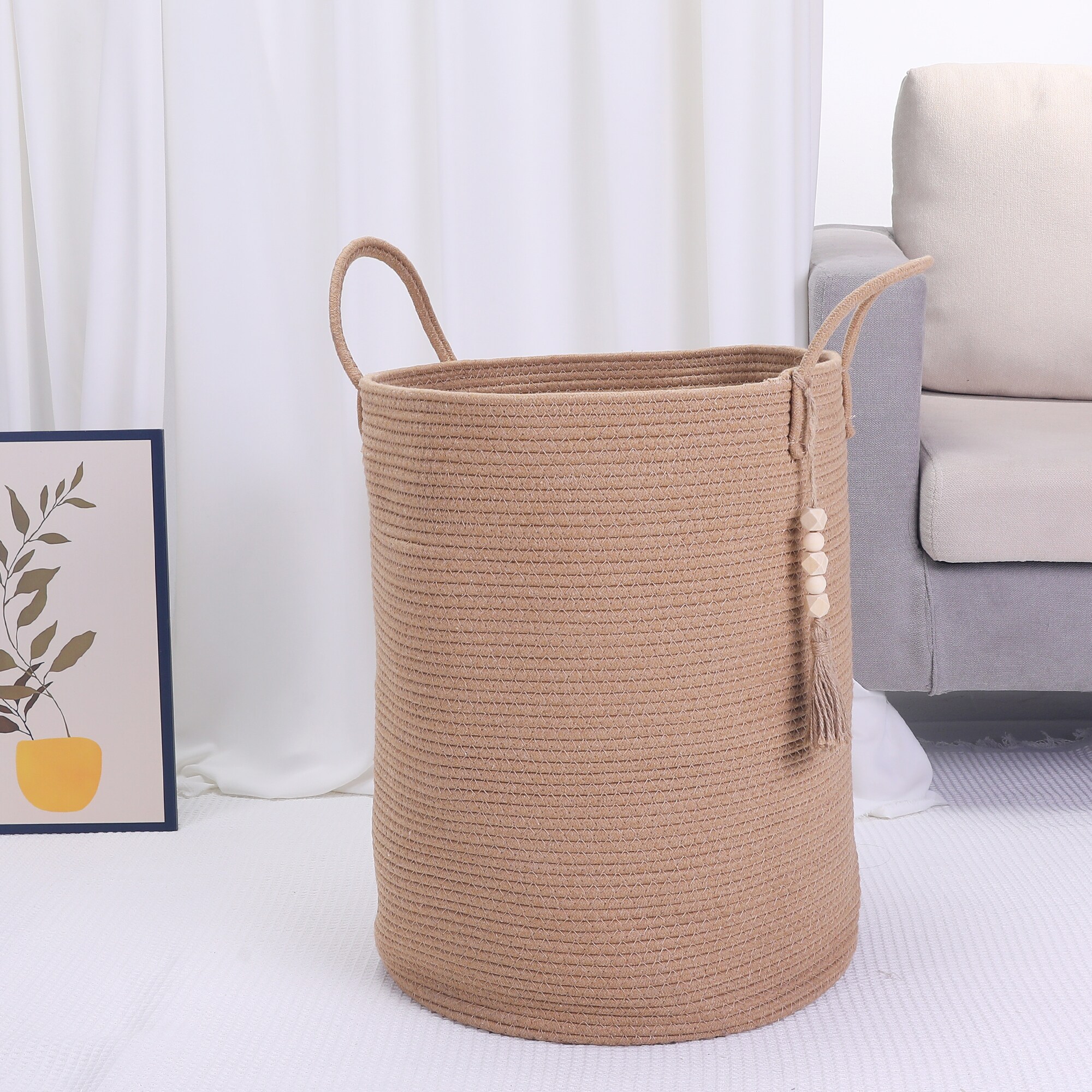 Unique Bargains Woven Storage Bin with Handle and Tassel Beads Storage ...