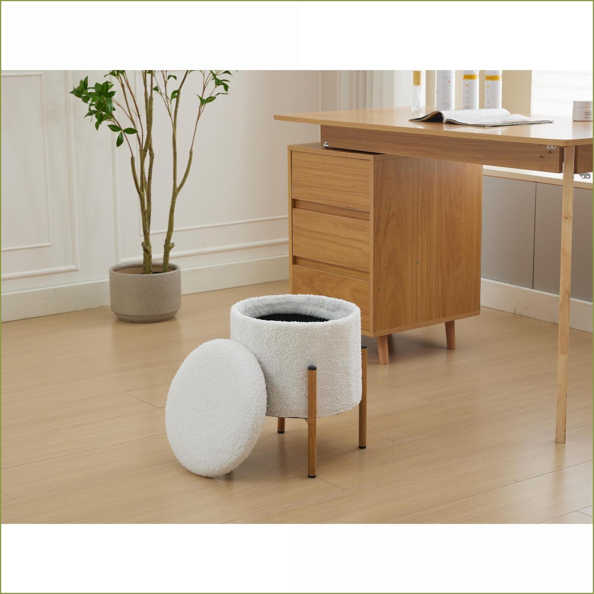 Watnature Ottoman Modern Round Storage Ottoman with Ivory Teddy Fabric ...