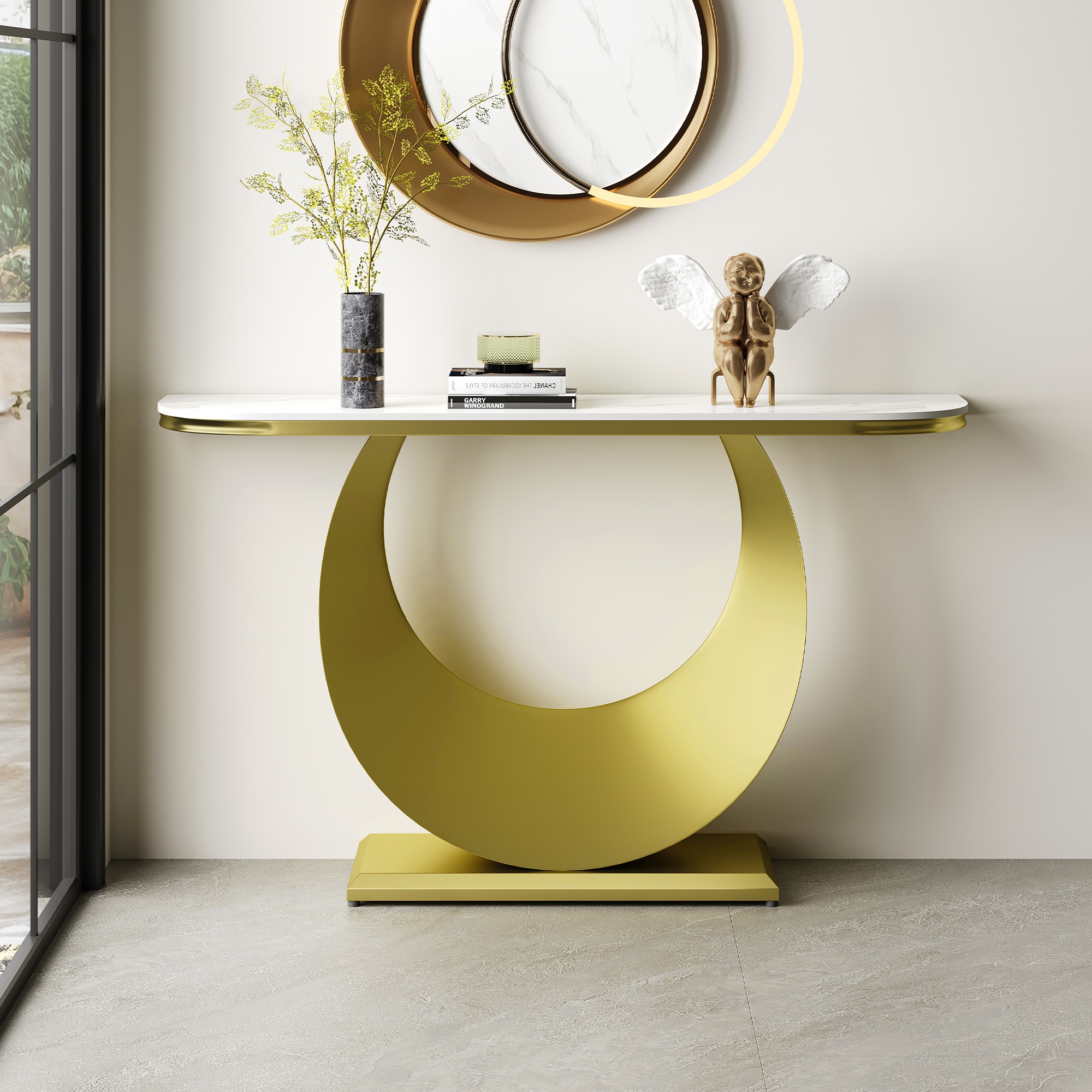 LOVMOR Premium Half-Console Table with Faux Marble Top and Gold Metal ...