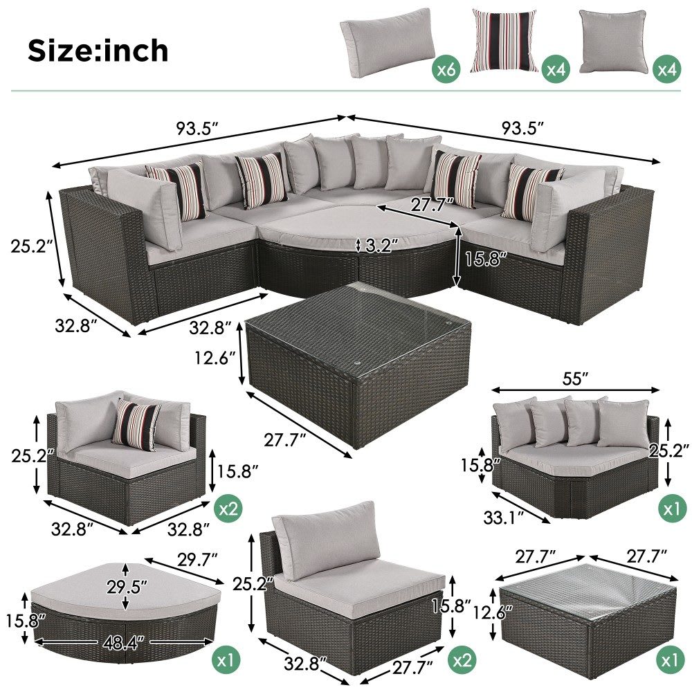 Coolbibila 7-Piece Brown All-Weather Wicker Outdoor Modular Sectional ...
