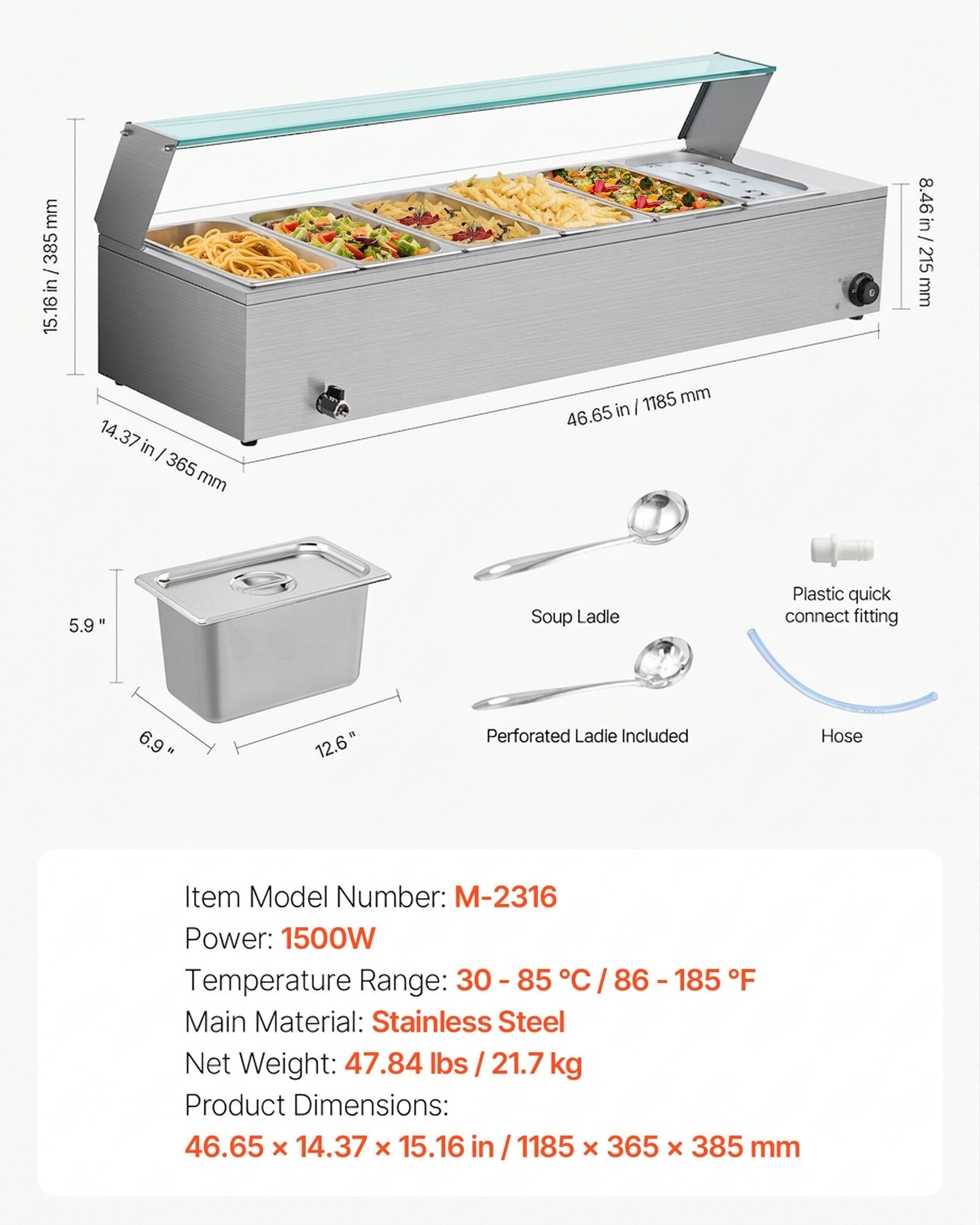 SUGIFT Commercial Food Warmer 1500W Electric Steam Table with Glass ...