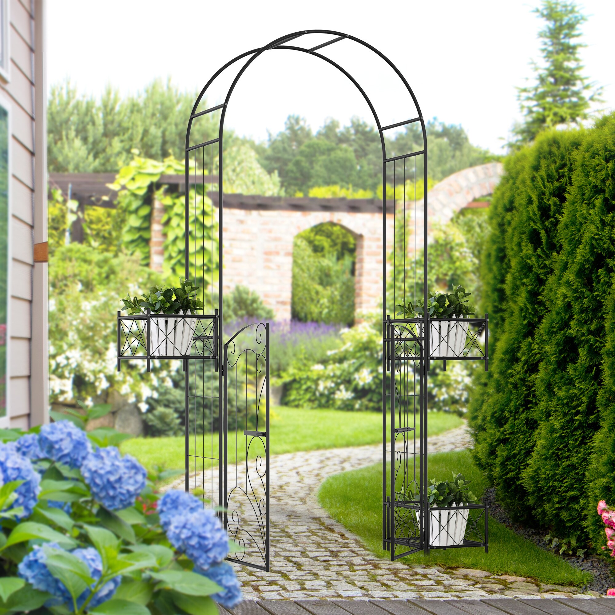 Outsunny 7' Metal Garden Arbor Garden Arch with Gate Scrollwork Hearts ...