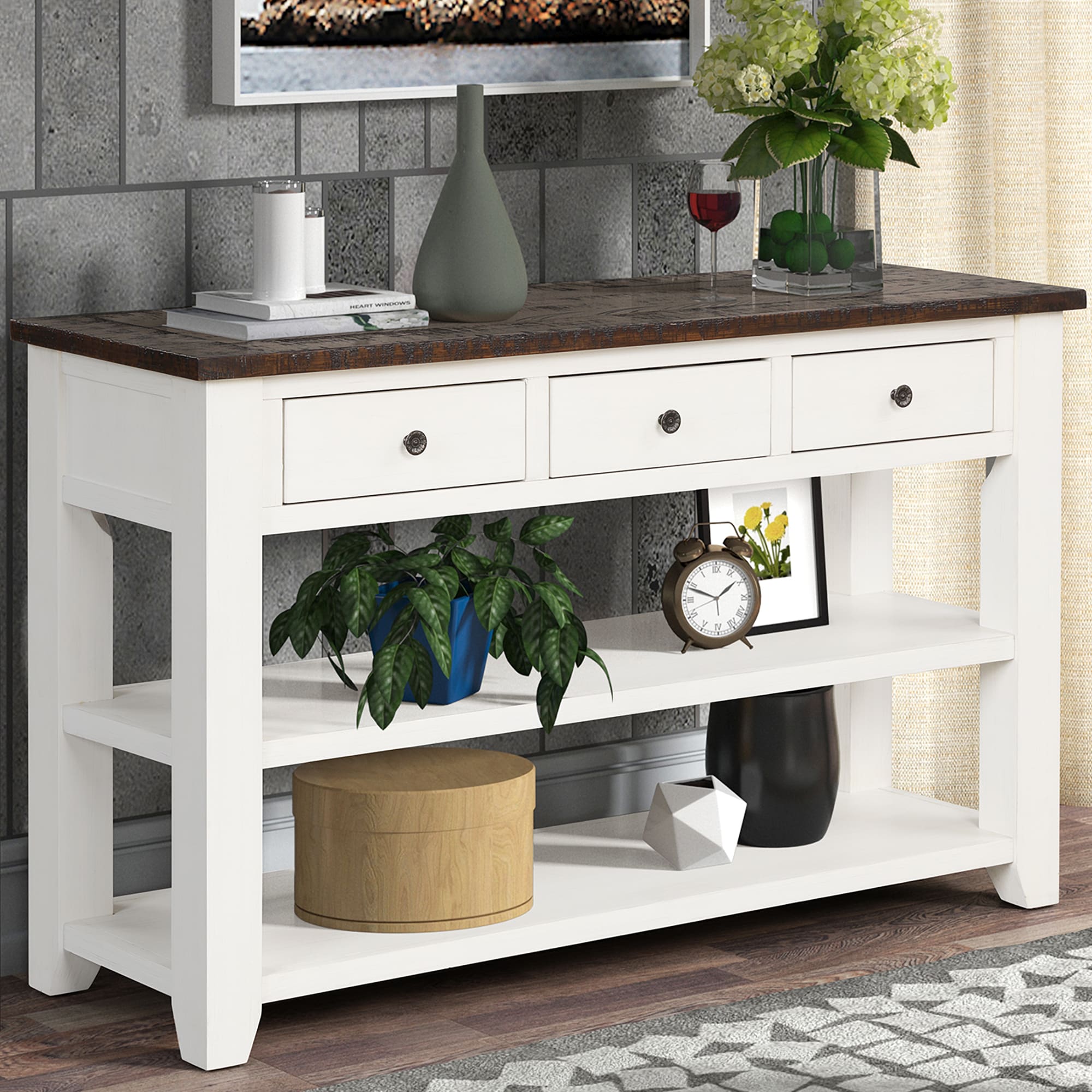 Huluwat YXJ-Antique White and Brown Top 48inch Solid Pine Wood Console ...