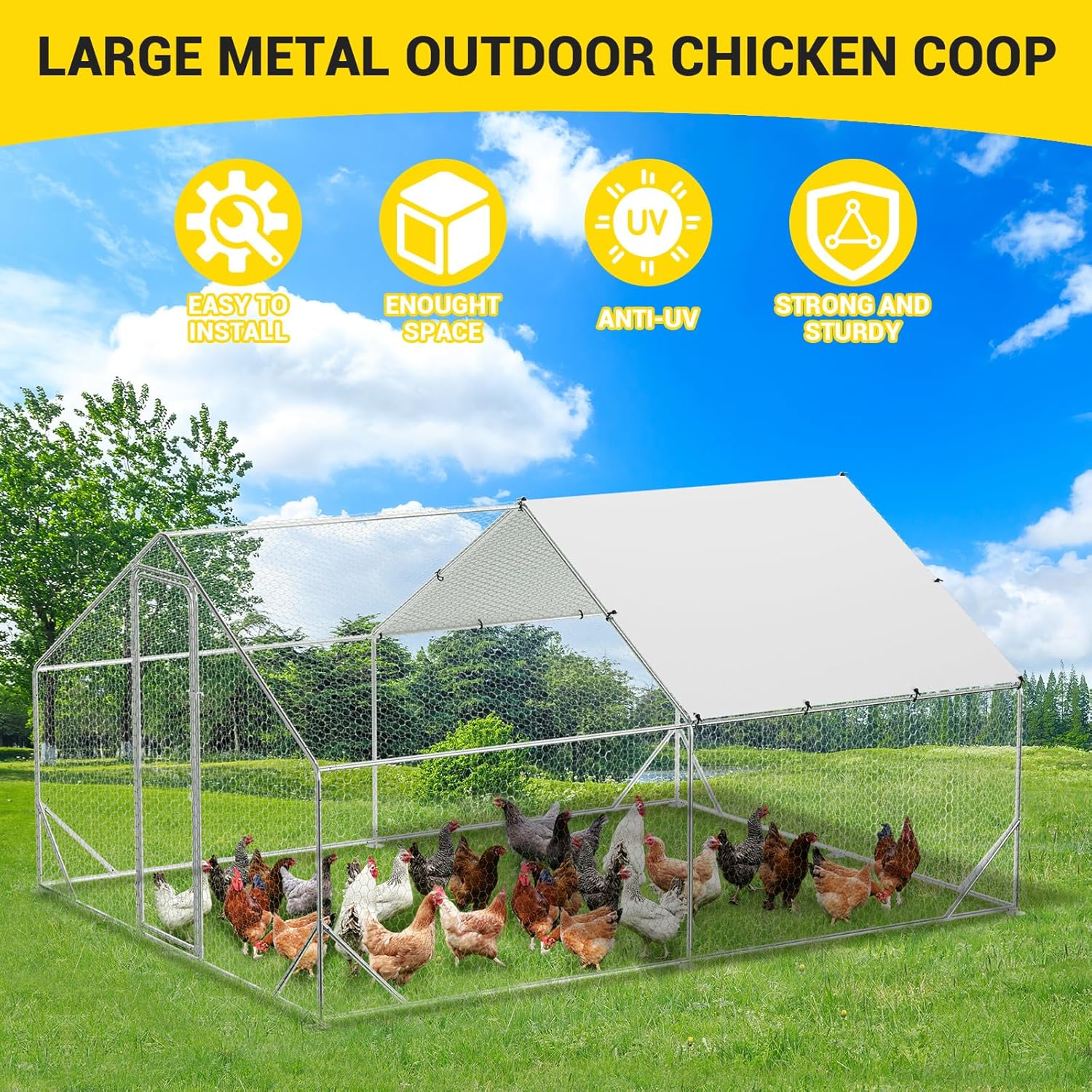 WhizMax Chicken Coop Run Galvanized Steel Chicken Pen with Anti ...