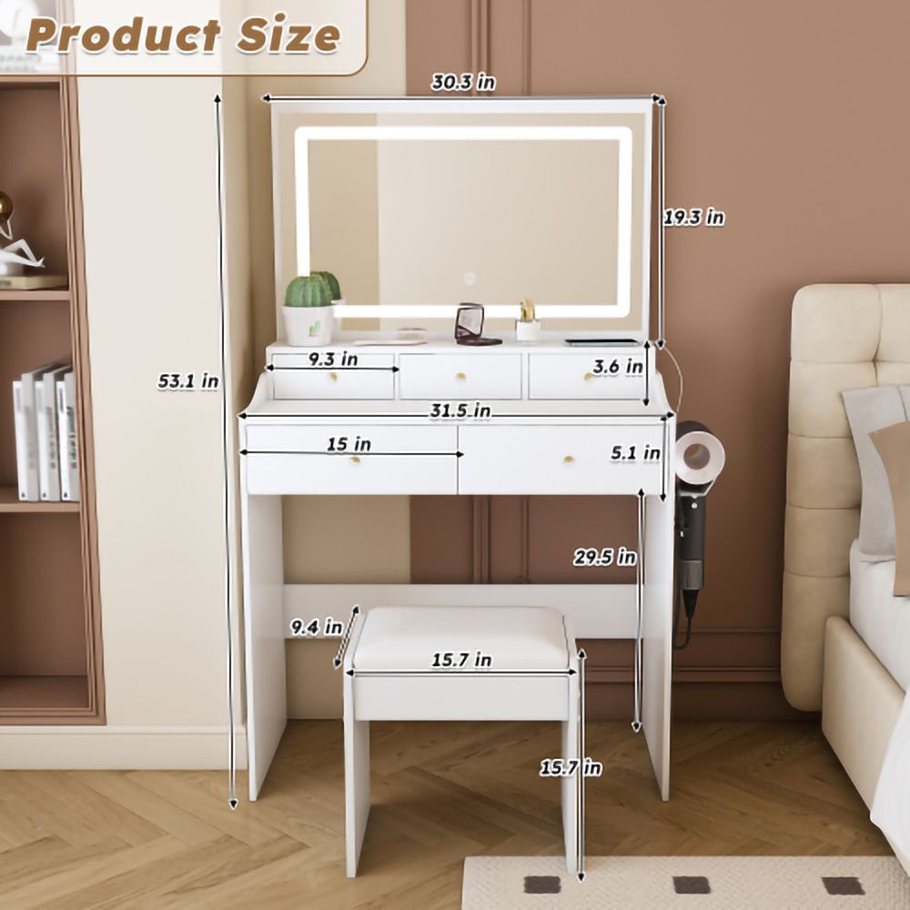 HomLux Modern White Vanity Desk with Extra Large Lighted Mirror and ...