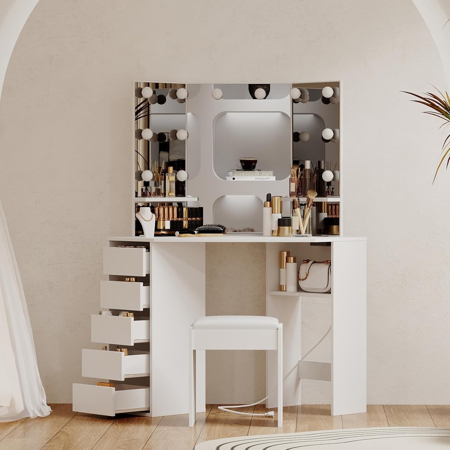 Qeetex Corner Vanity and Stool - Corner Vanity Desk with Mirror and ...