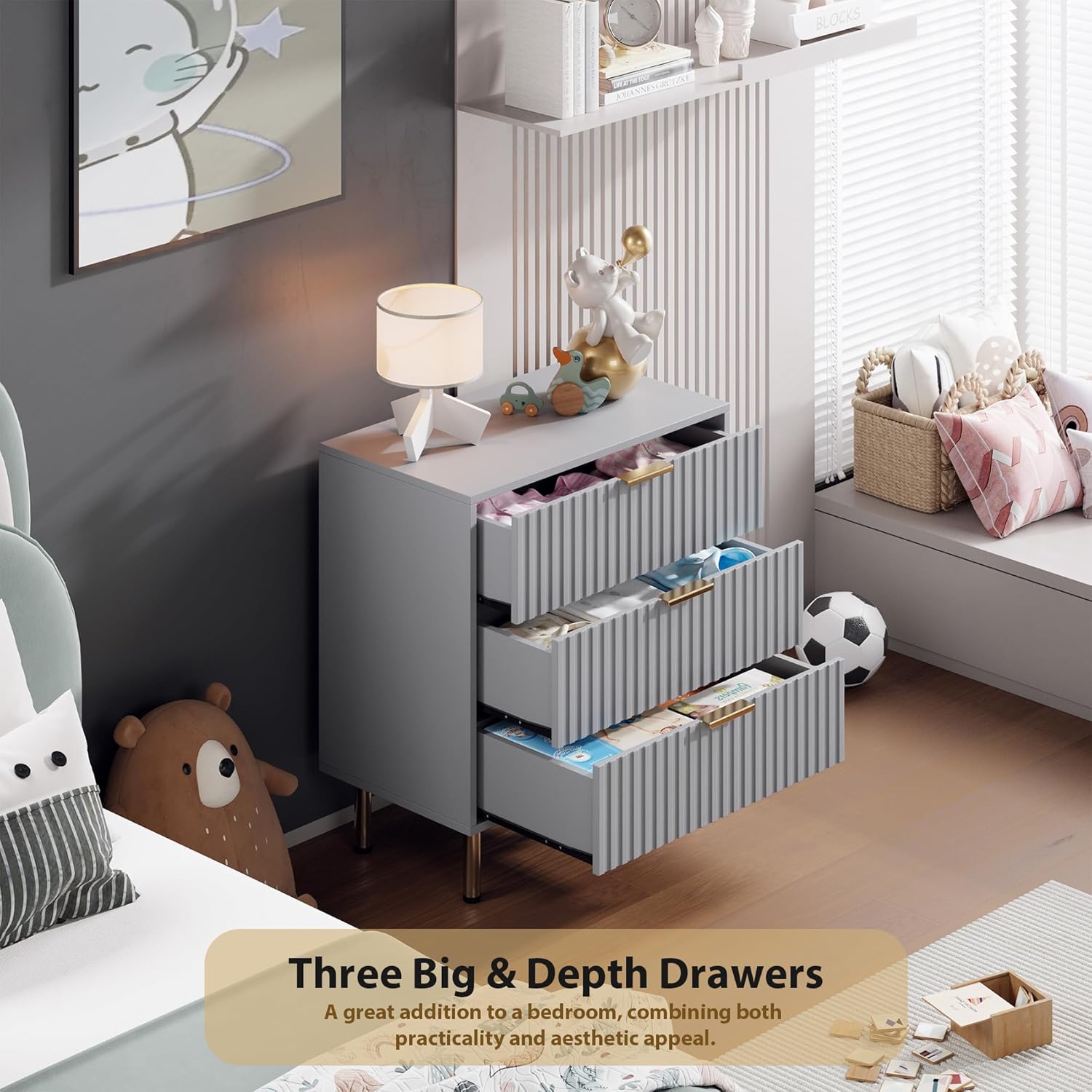 Garvee Fluted 3 Drawer Dresser for Bedroom Modern Nightstand with Deep ...