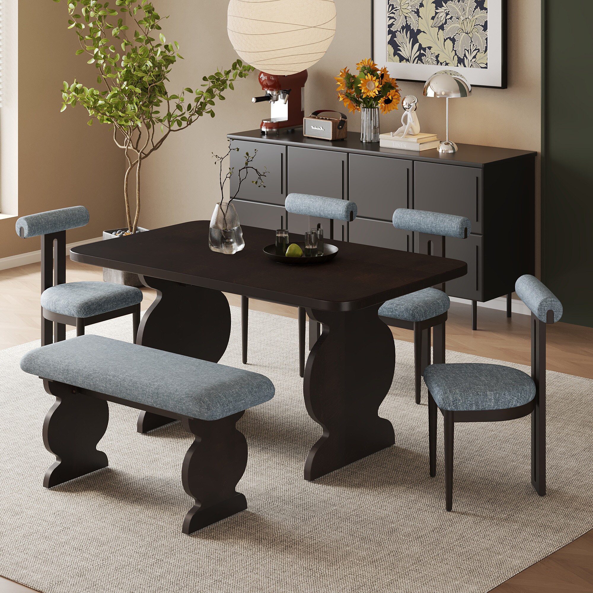 ModernLuxe 6-Piece Dining Set, Mid-Century Modern Table Set Espresso ...