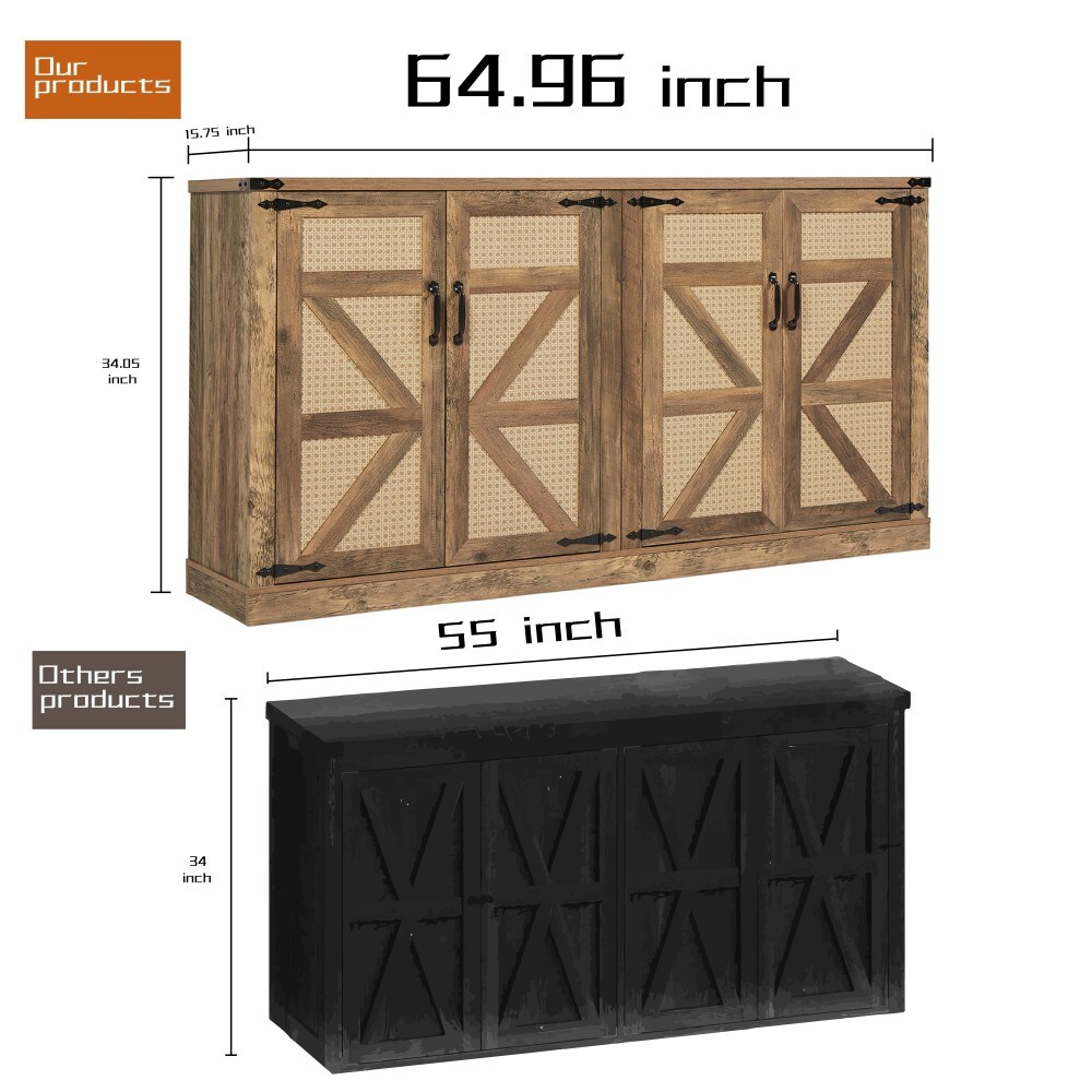 GlasFlength 65 Inch Rustic Oak Faux Rattan Sideboard Barn Door Rustic ...