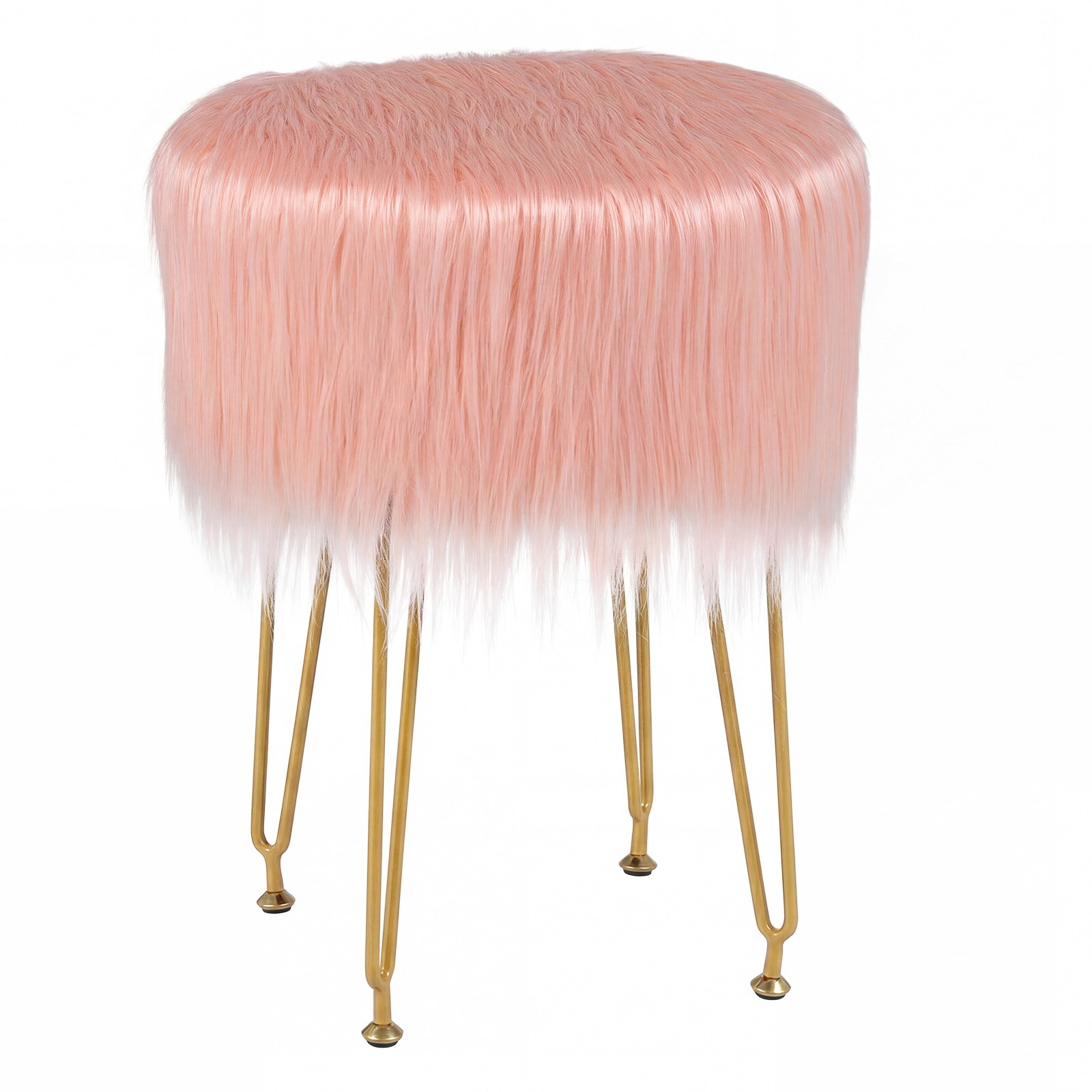 Slickblue Round Pink/White Faux Fur Vanity Stool with Gold Metal Legs ...