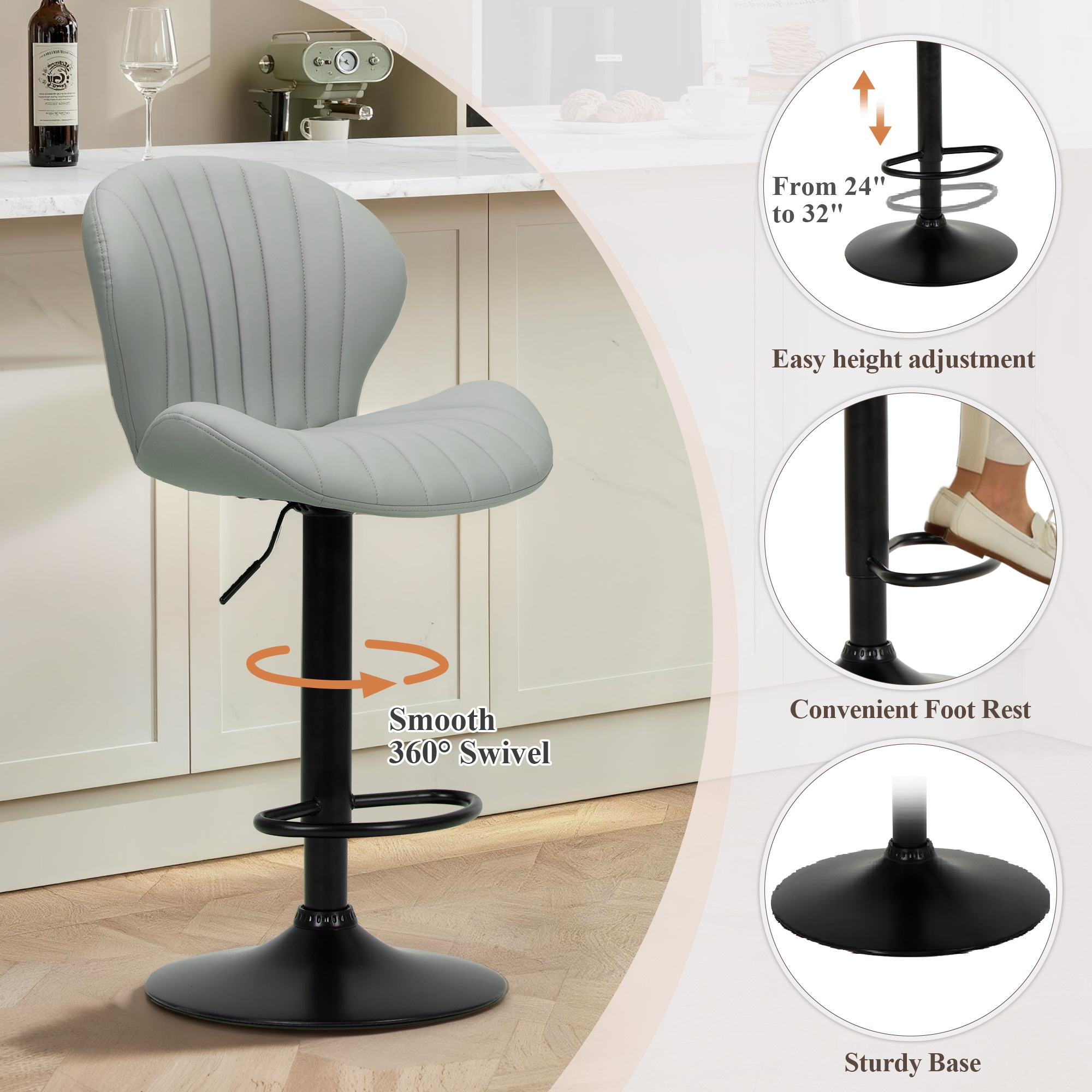 Colamy Gray 24-in H Adjustable Height Upholstered Swivel Metal Bar ...